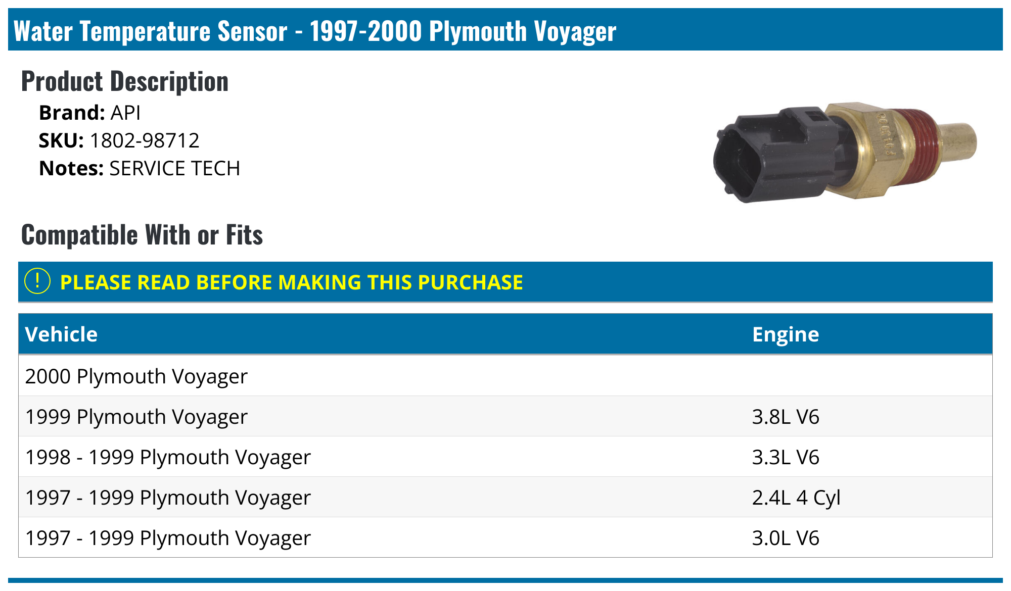 1997-2000 Plymouth Voyager Water Temperature Sensor - API 2517-07889351 ...