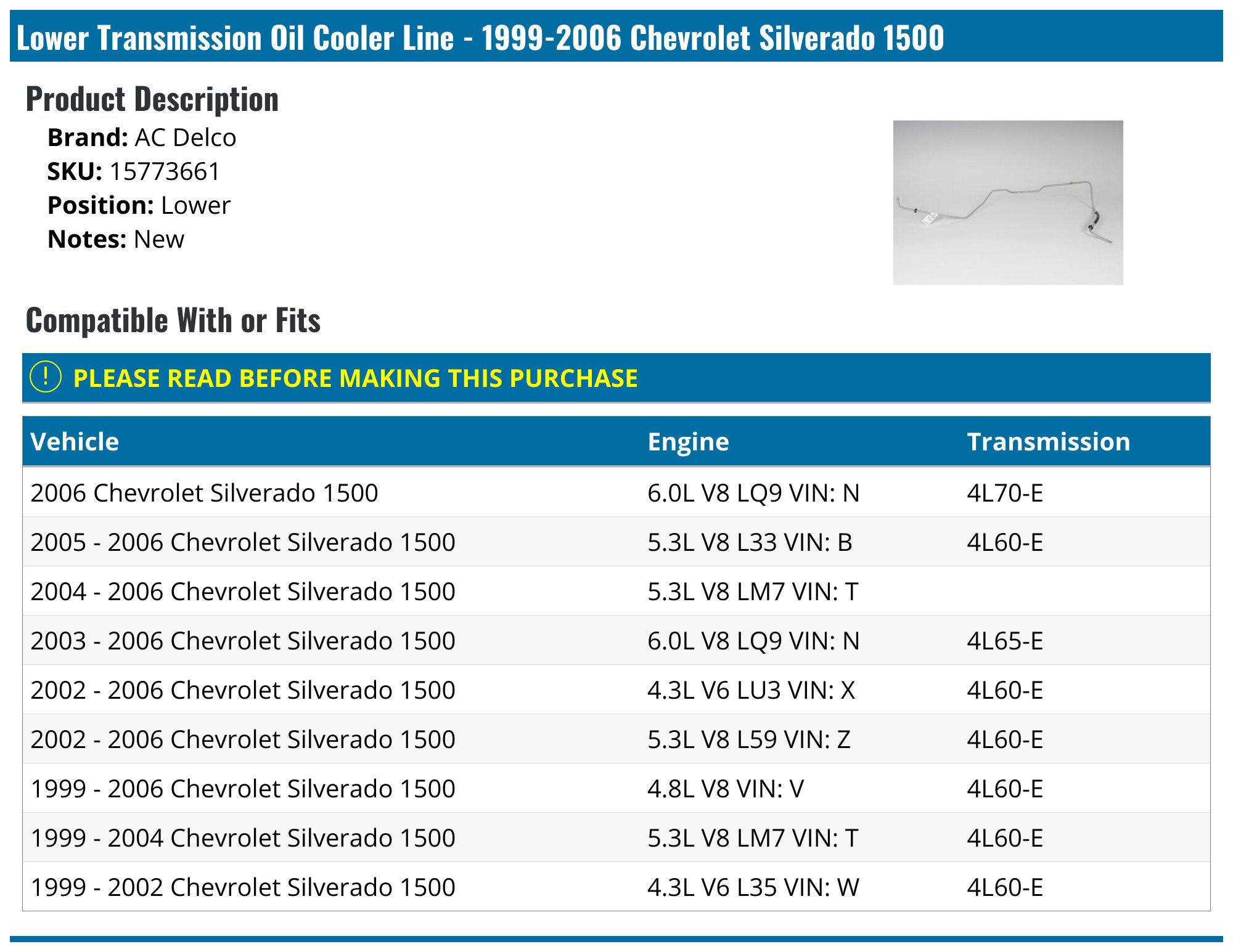 1999-2006 Chevrolet Silverado 1500 Transmission Oil Cooler Line - AC ...