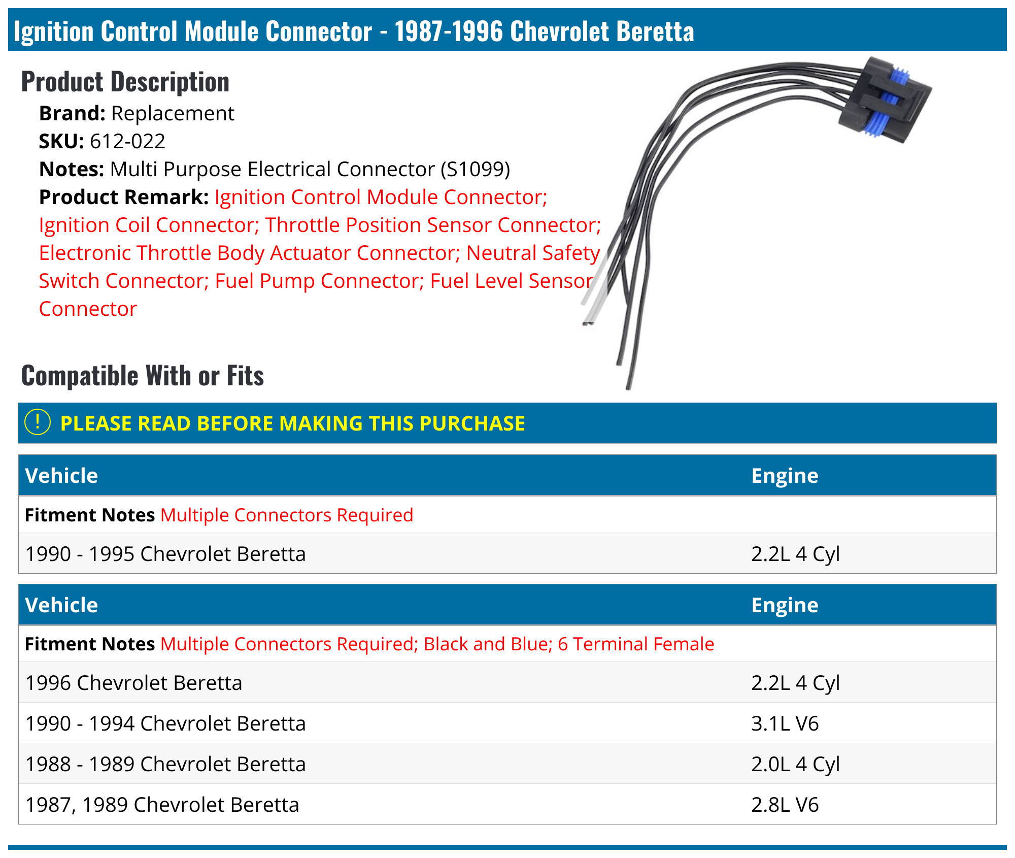 1987-1996 Chevrolet Beretta Ignition Control Module Connector - Replacement 612-022 - PartsGeek.com