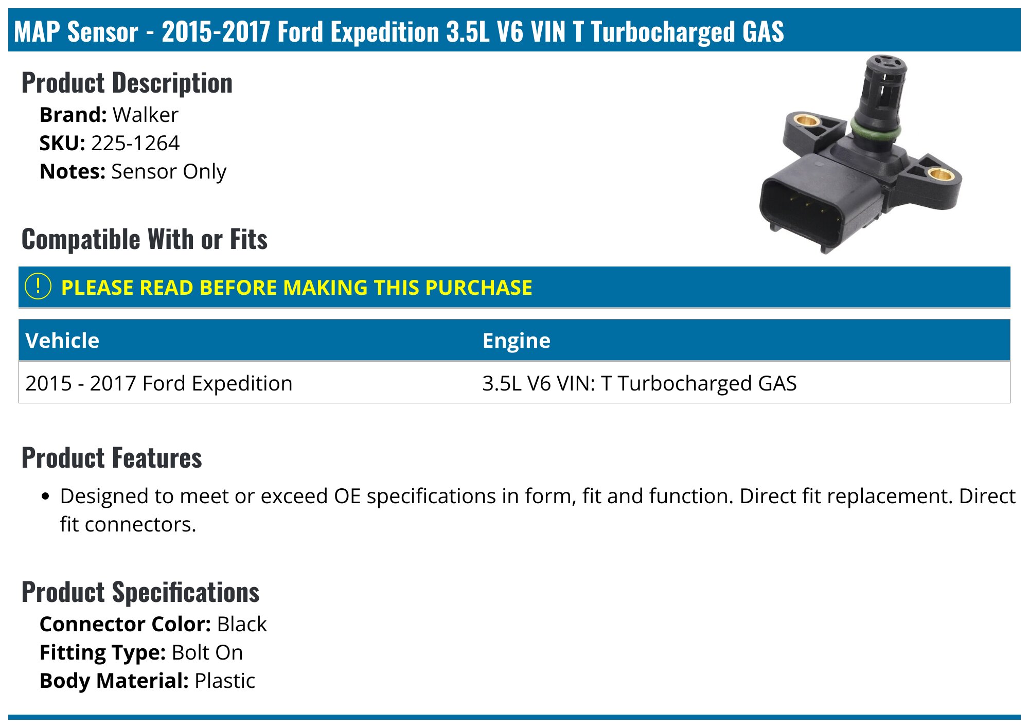 2015-2017 Ford Expedition MAP Sensor - Walker 225-1264 - PartsGeek.com