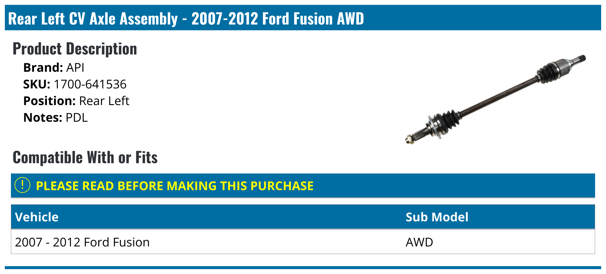 2007-2012 Ford Fusion Axle Assembly - API 23939-07761156 - Rear Left ...