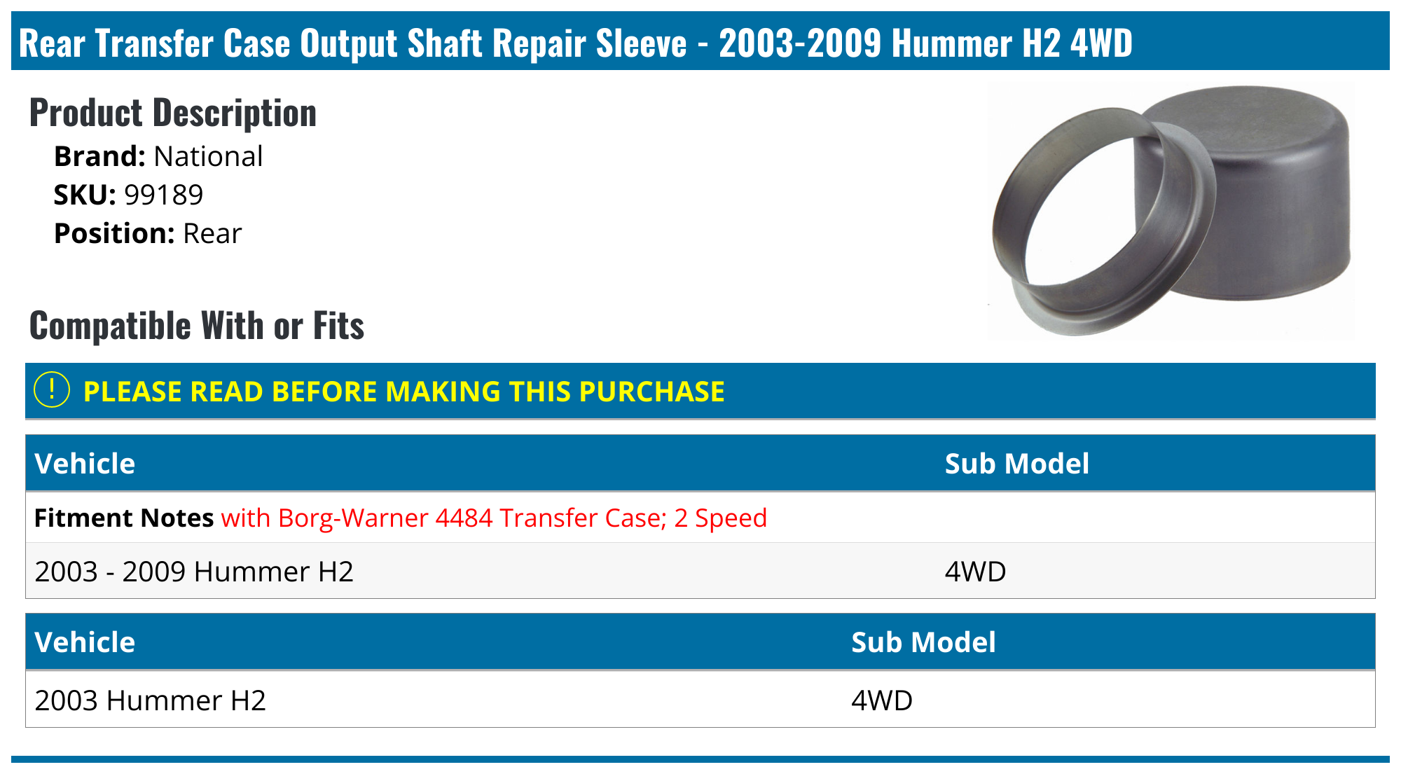 2003-2009 Hummer H2 Transfer Case Output Shaft Repair Sleeve - National ...