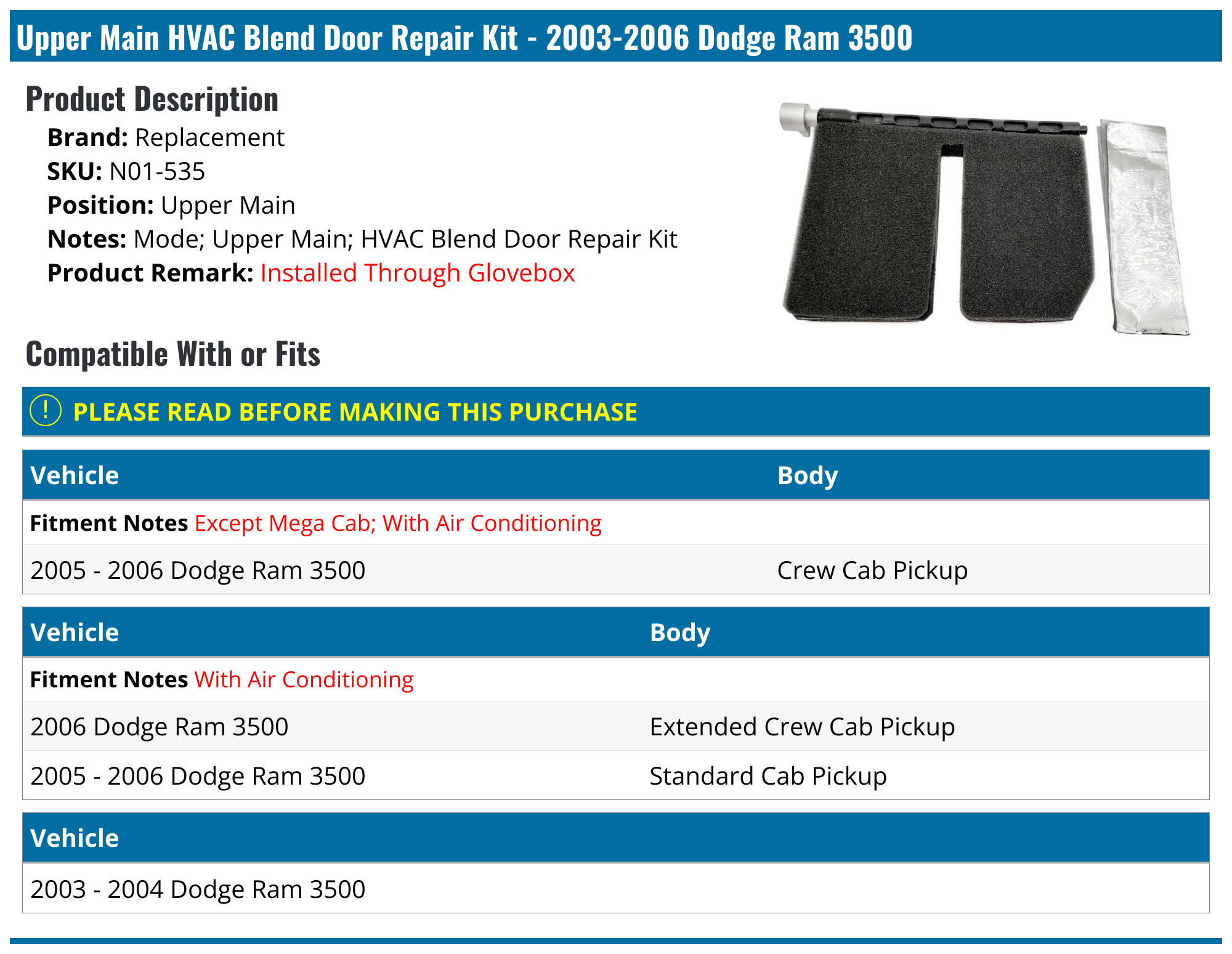 2003-2006 Dodge Ram 3500 HVAC Blend Door Repair Kit - Replacement N01 ...
