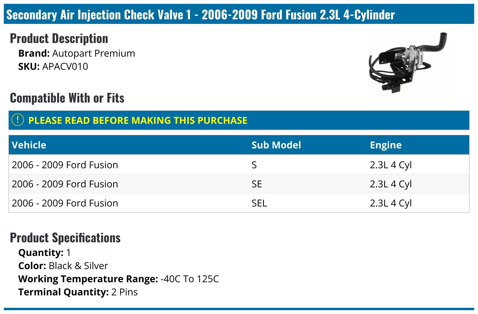 2006-2009 Ford Fusion Air Pump Check Valve - Autopart Premium APACV010 ...