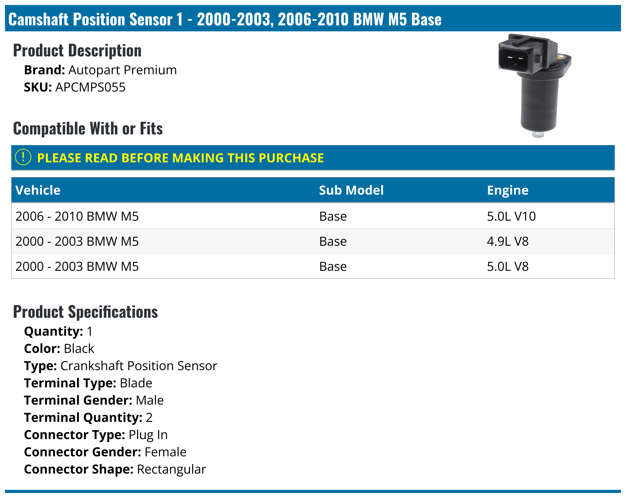 2000-2003, 2006-2010 BMW M5 Crank Position Sensor - Autopart Premium ...