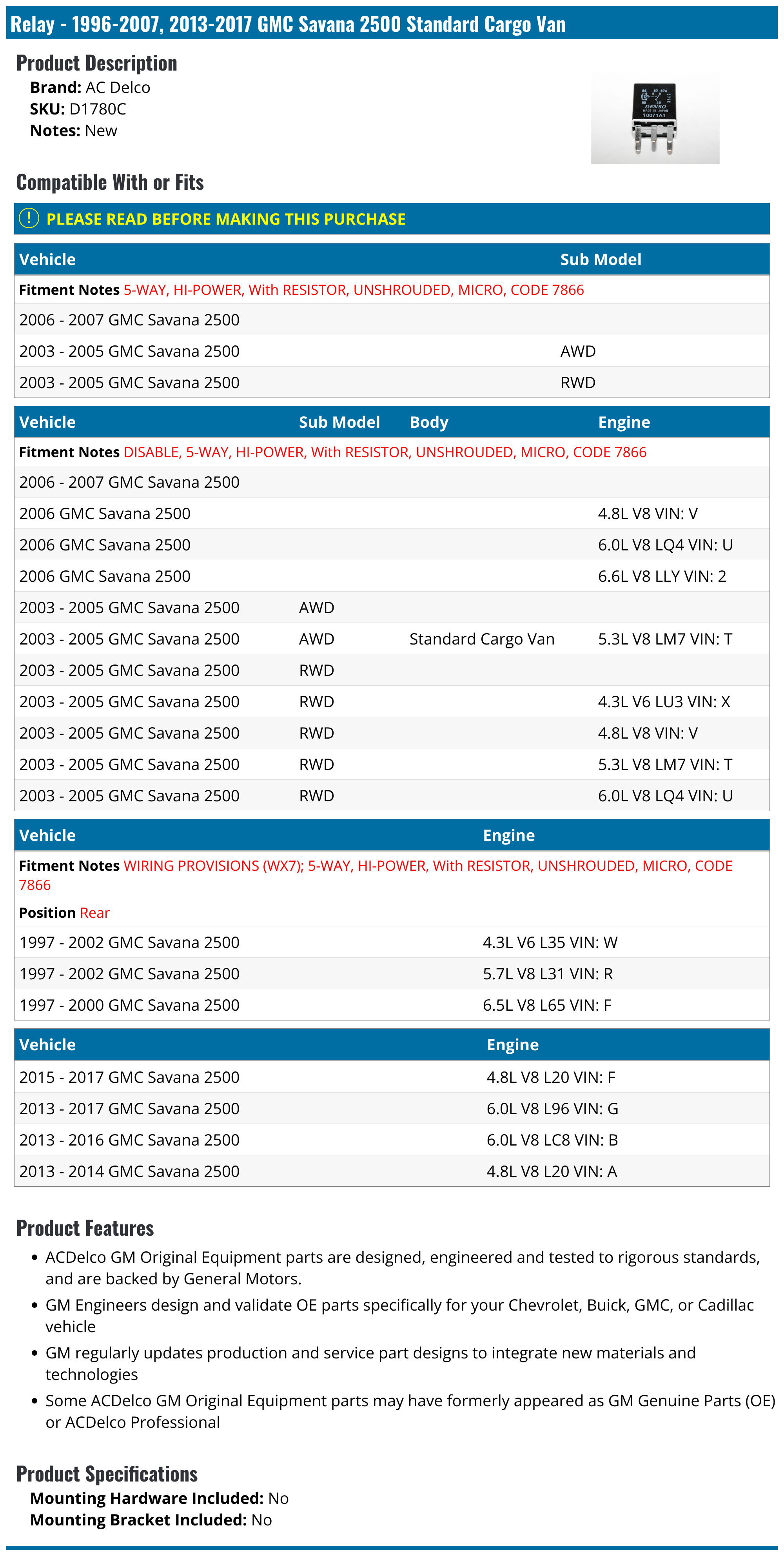 1996-1999, 2003-2007, 2013-2017 GMC Savana 2500 Relay - AC Delco D1780C ...