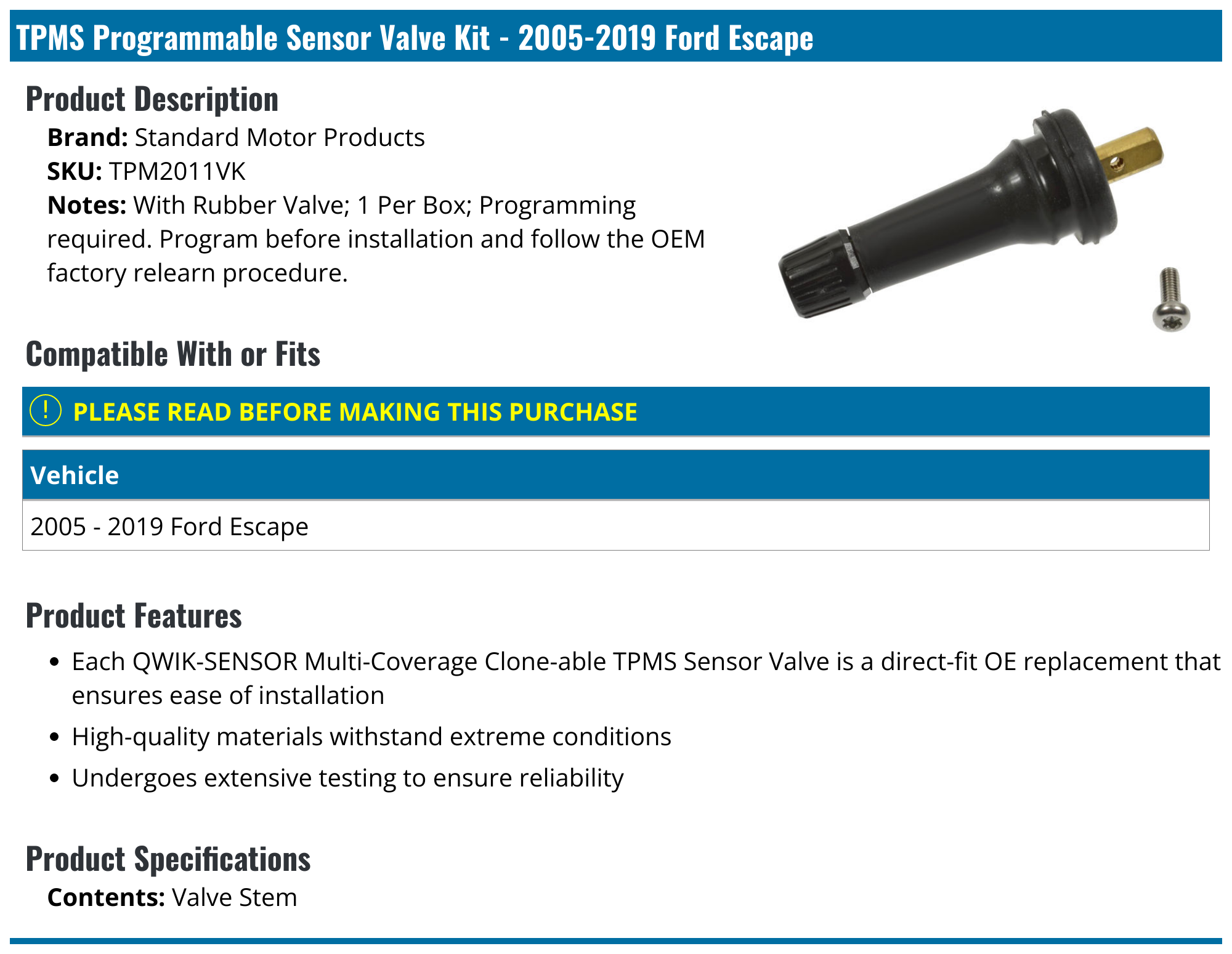 2005-2019 Ford Escape TPMS Programmable Sensor Valve Kit - Standard ...
