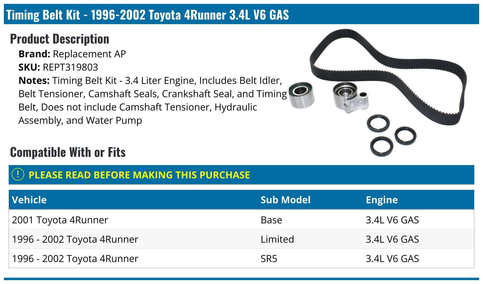 1996-2002 Toyota 4Runner Timing Belt - Replacement AP REPT319803 ...