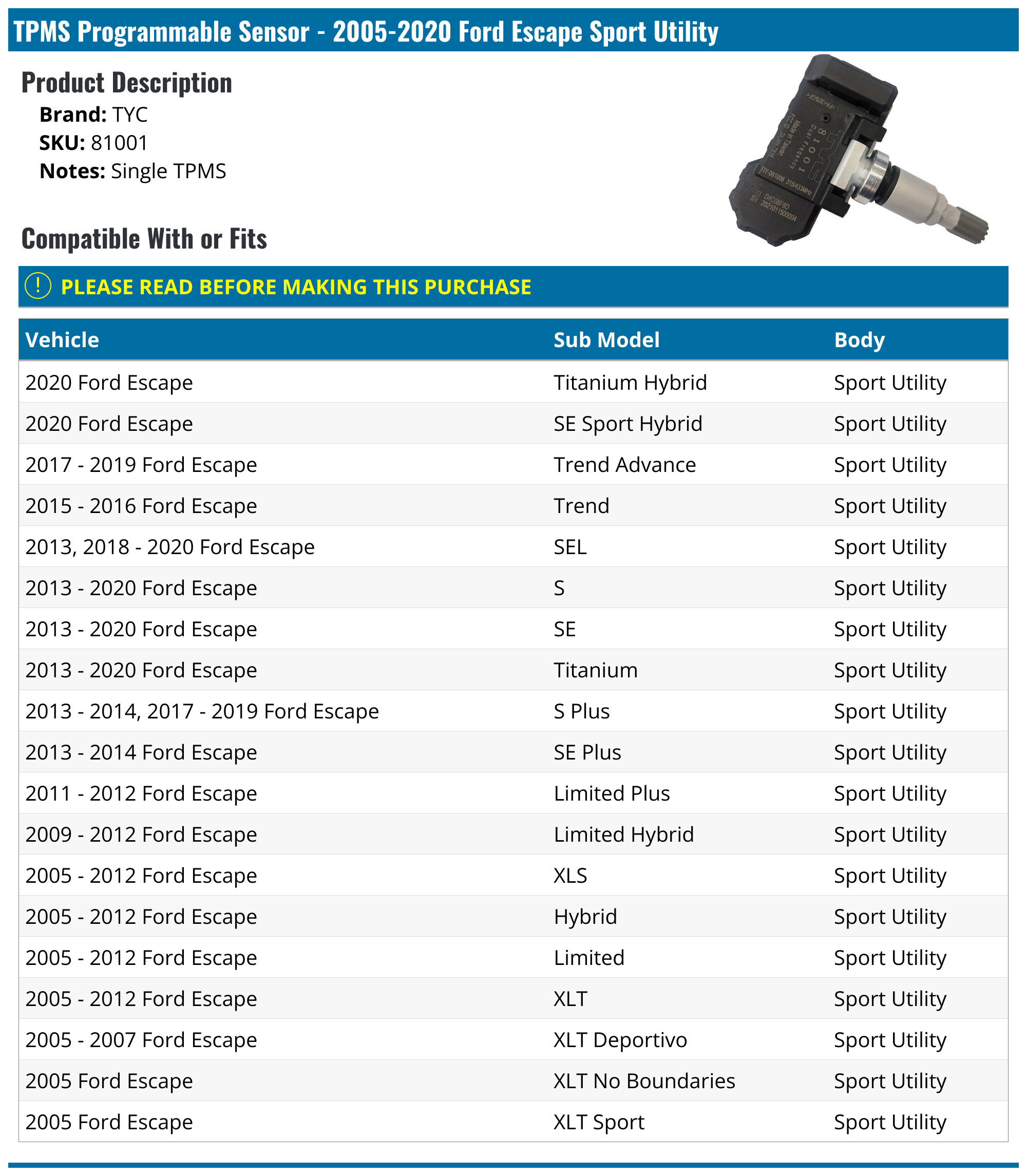 2005-2020 Ford Escape Tire Pressure Monitoring Sensor - TYC 81001 ...