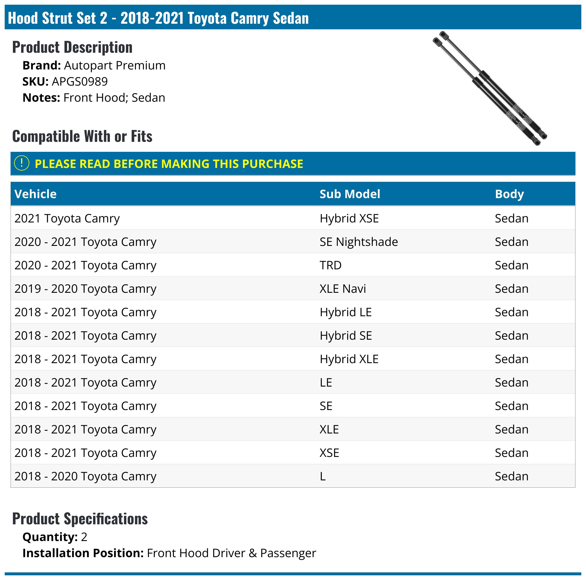 2018-2021 Toyota Camry Hood Strut - Autopart Premium APGS0989 - Front ...
