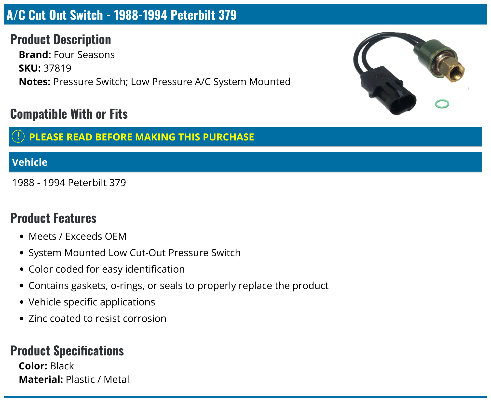 1988-1994 Peterbilt 379 A/C Cut Out Switch - Four Seasons 37819 ...