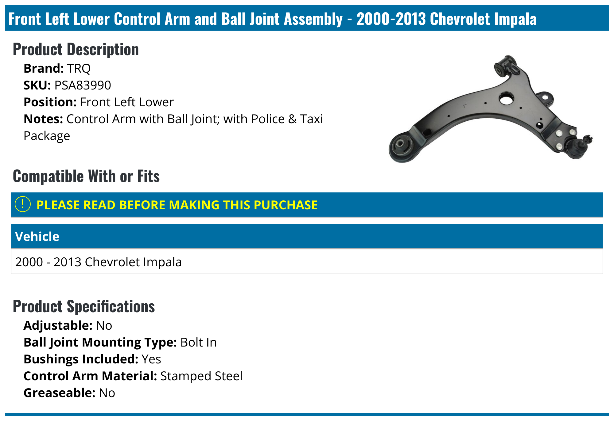 2000-2013 Chevrolet Impala Control Arm - TRQ PSA83990 - Front Left ...