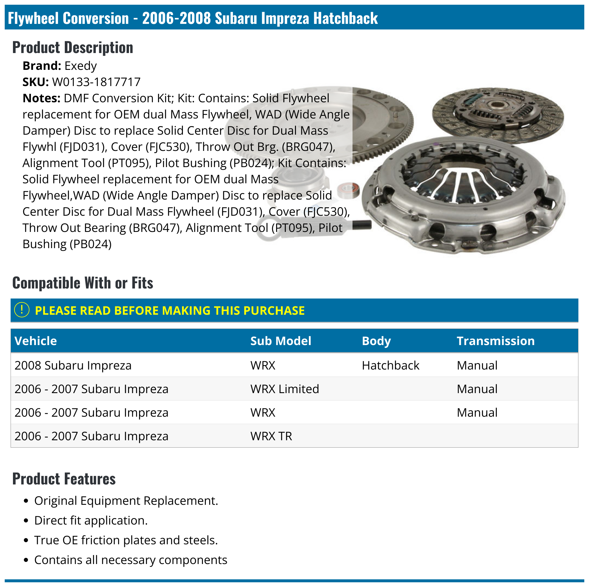 2006-2008 Subaru Impreza Flywheel Conversion - Exedy W0133-1817717 ...