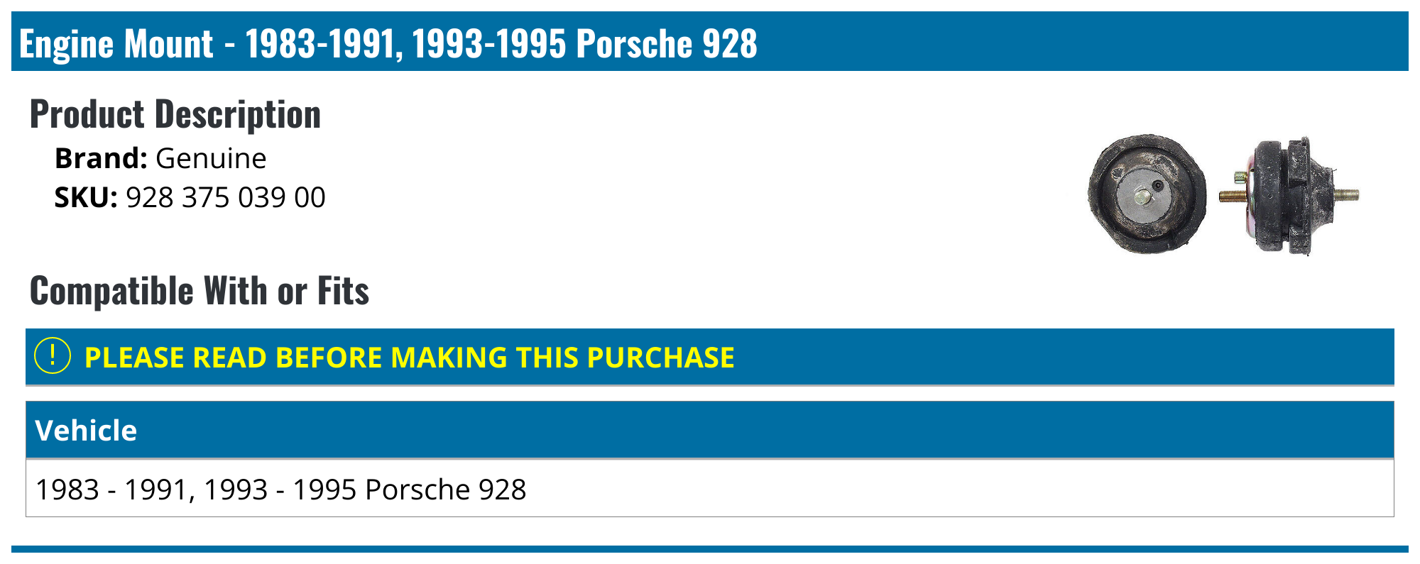1983-1991, 1993-1995 Porsche 928 Engine Mount - Genuine 928 375 039 00 ...