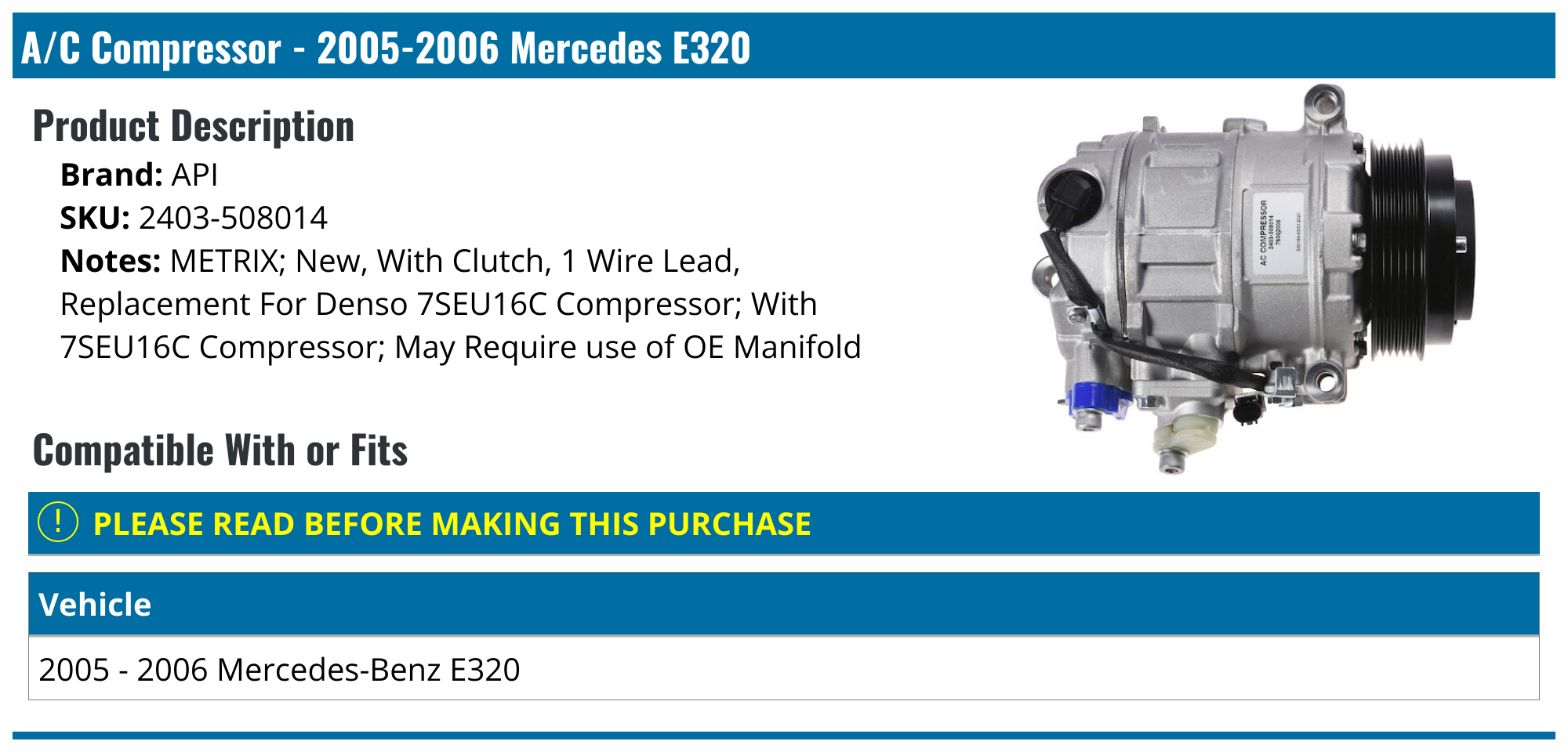 2005-2006 Mercedes E320 A/C Compressor - API 18460-02120975 ...