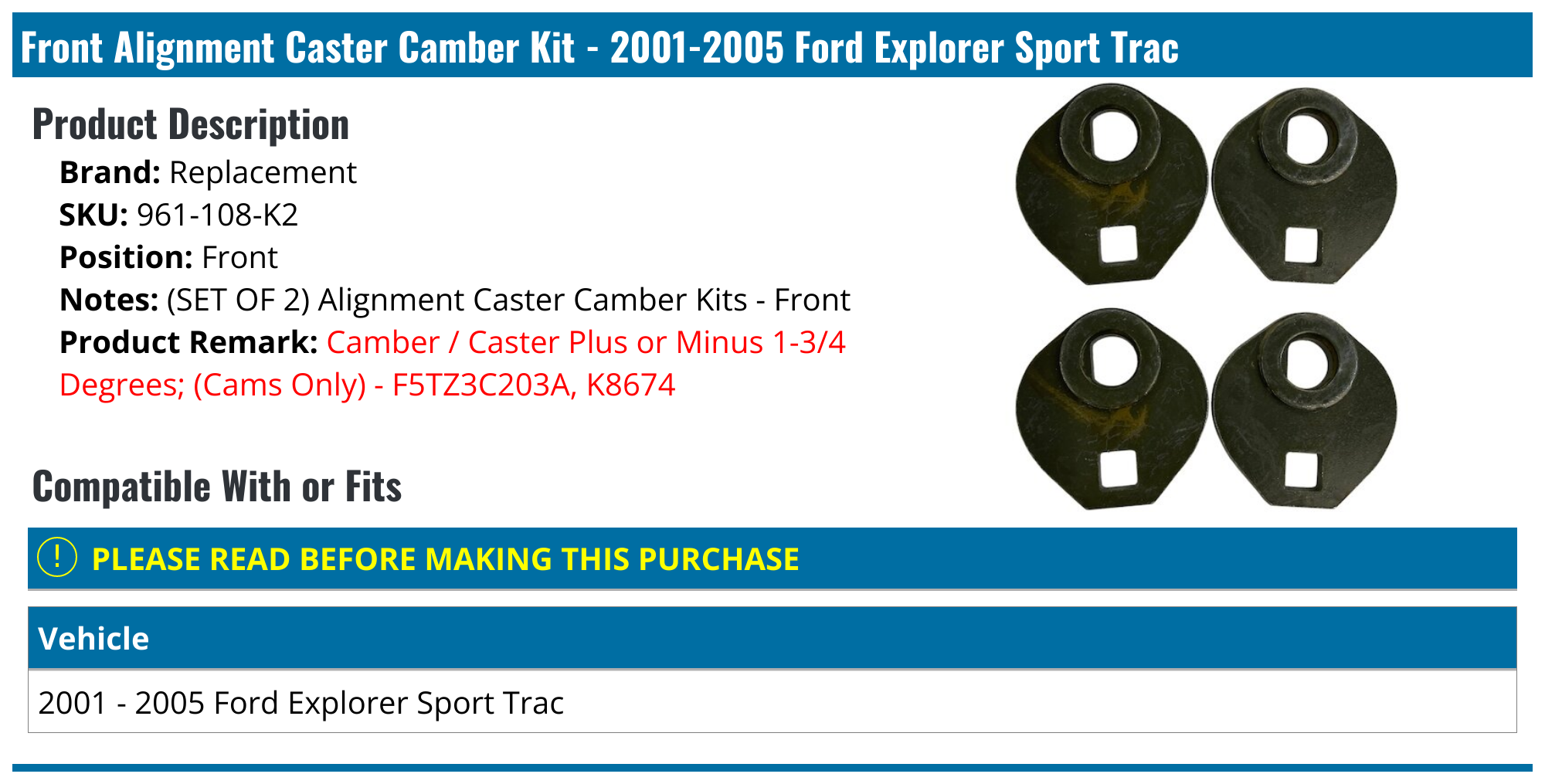 2001-2005 Ford Explorer Sport Trac Alignment Caster Camber Kit ...