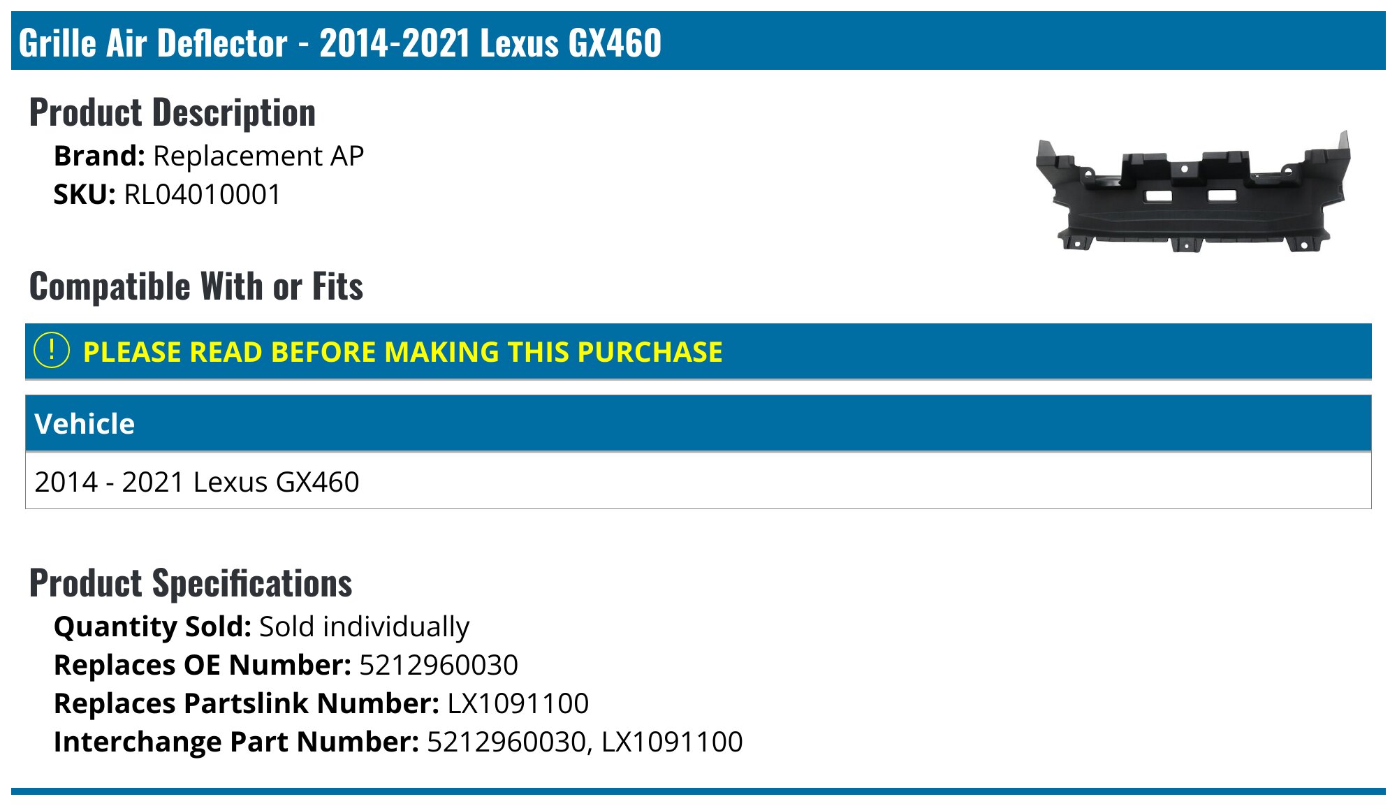 2014-2023 Lexus GX460 Grille Air Deflector - Replacement AP RL04010001 ...