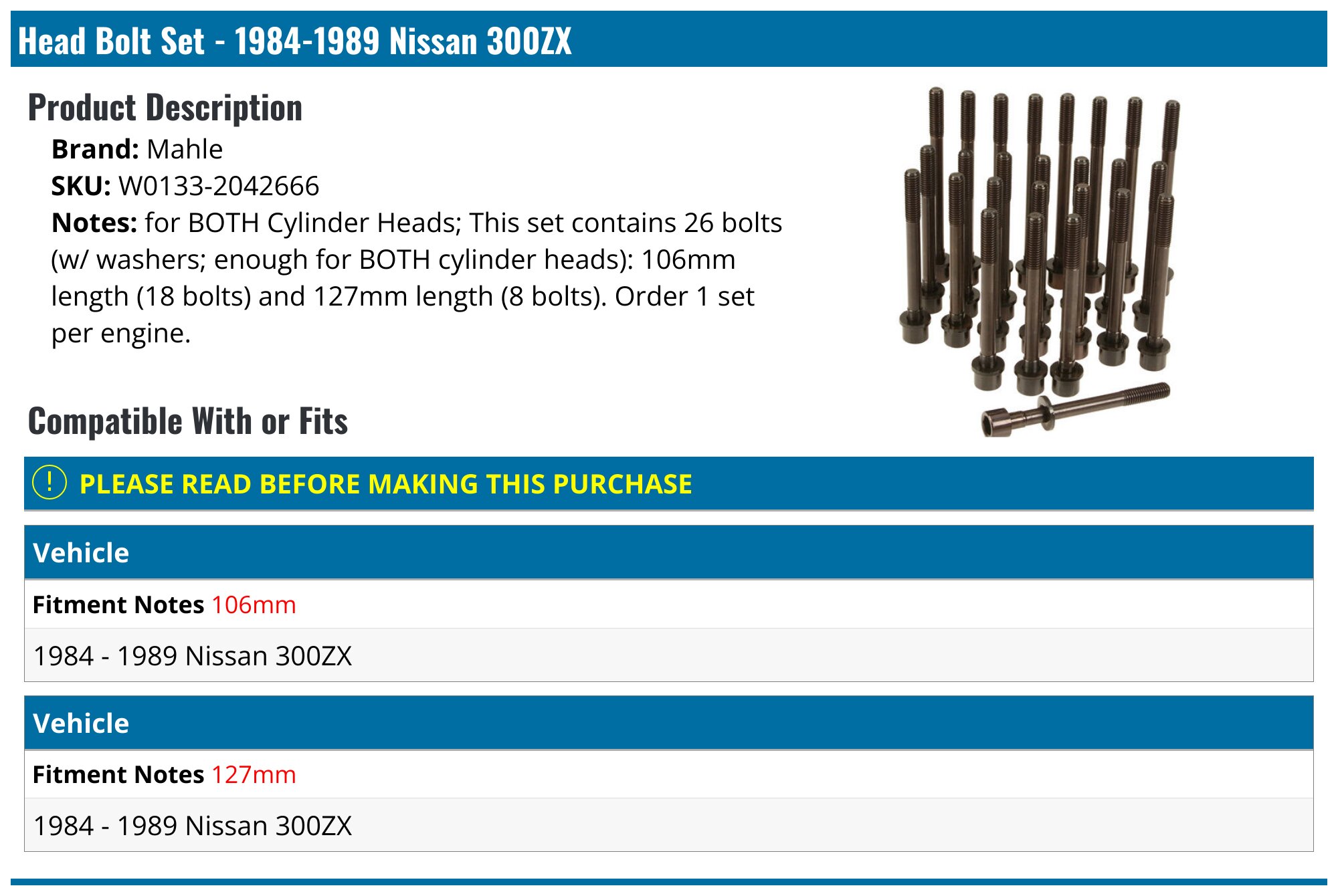 1984-1989 Nissan 300ZX Head Bolt - Mahle W0133-2042666 - PartsGeek.com