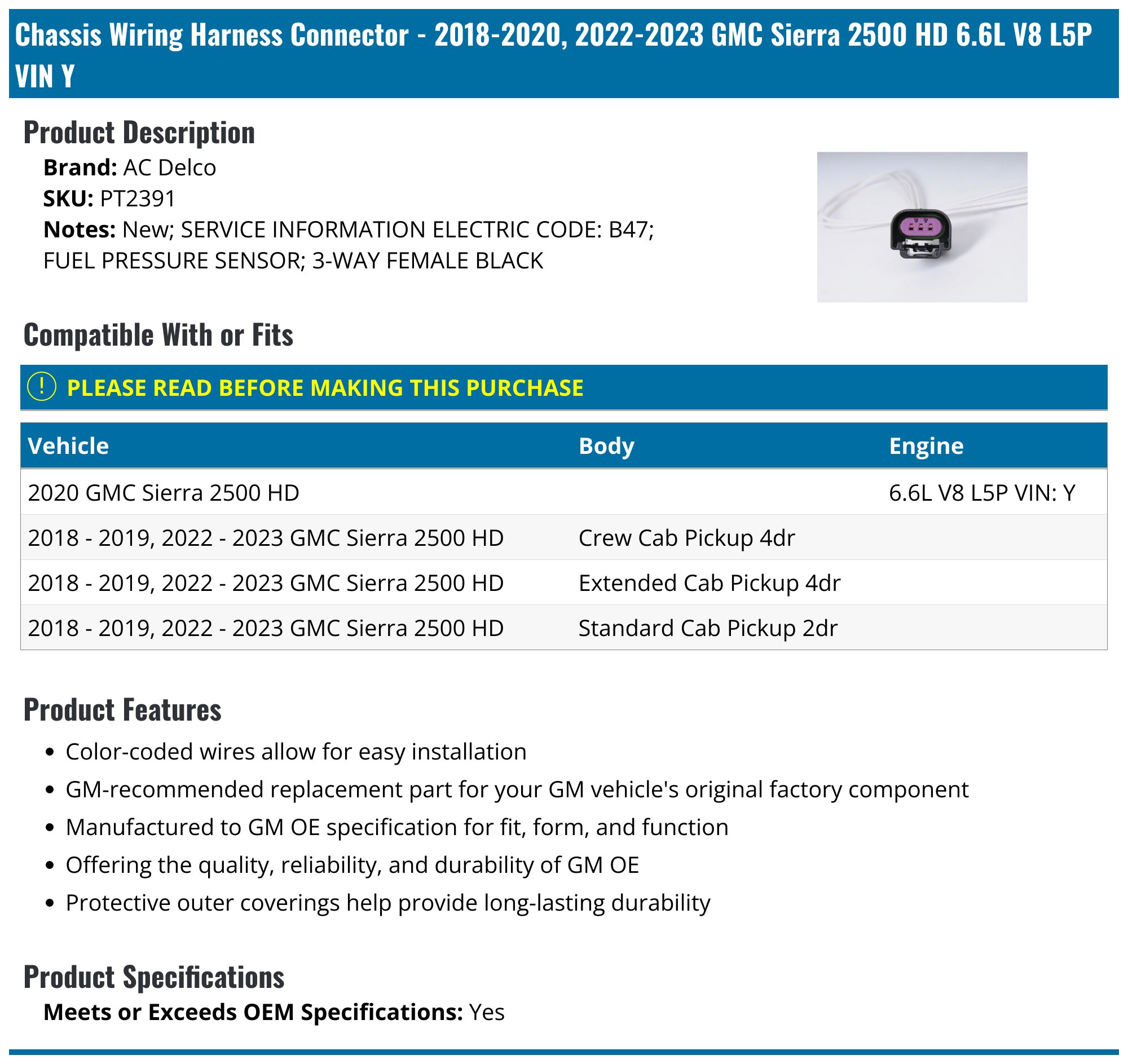 2015-2020, 2022-2023 GMC Sierra 2500 HD Chassis Wiring Harness ...