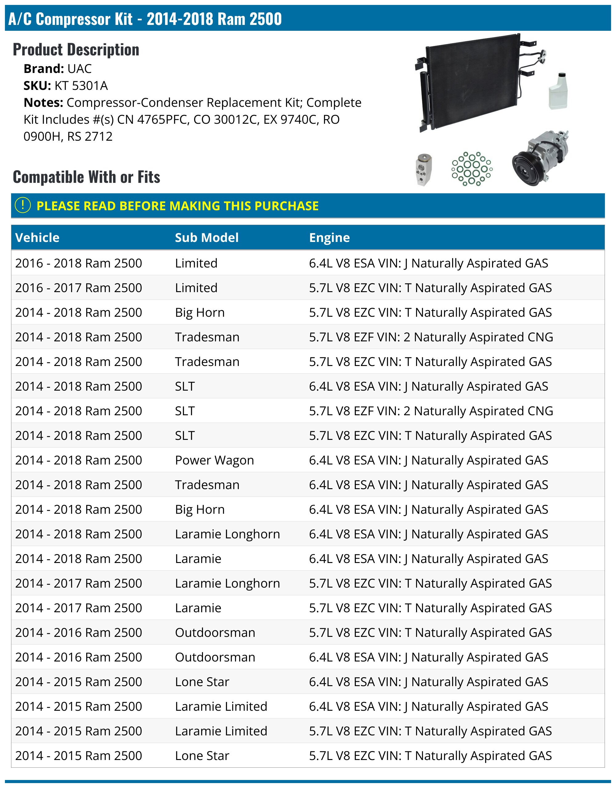 2014-2018 Ram 2500 A/C Compressor - UAC KT 5301A - PartsGeek.com