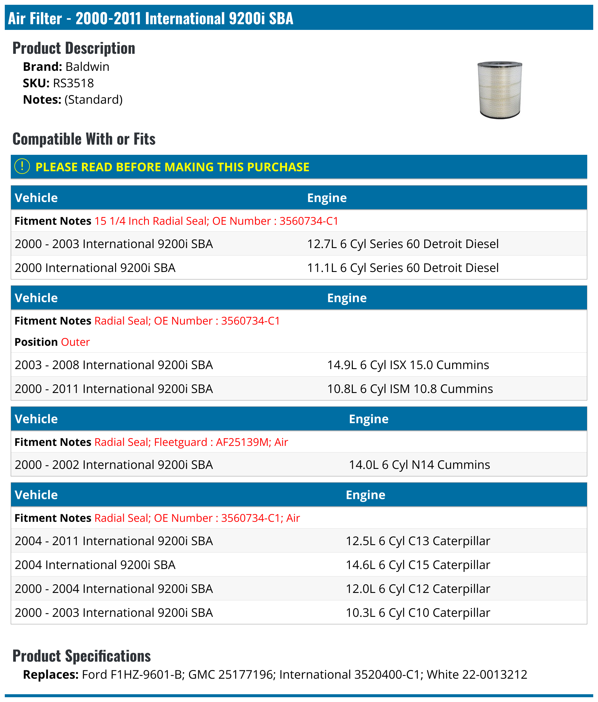 2000-2011 International 9200i SBA Air Filter - Baldwin RS3518 ...
