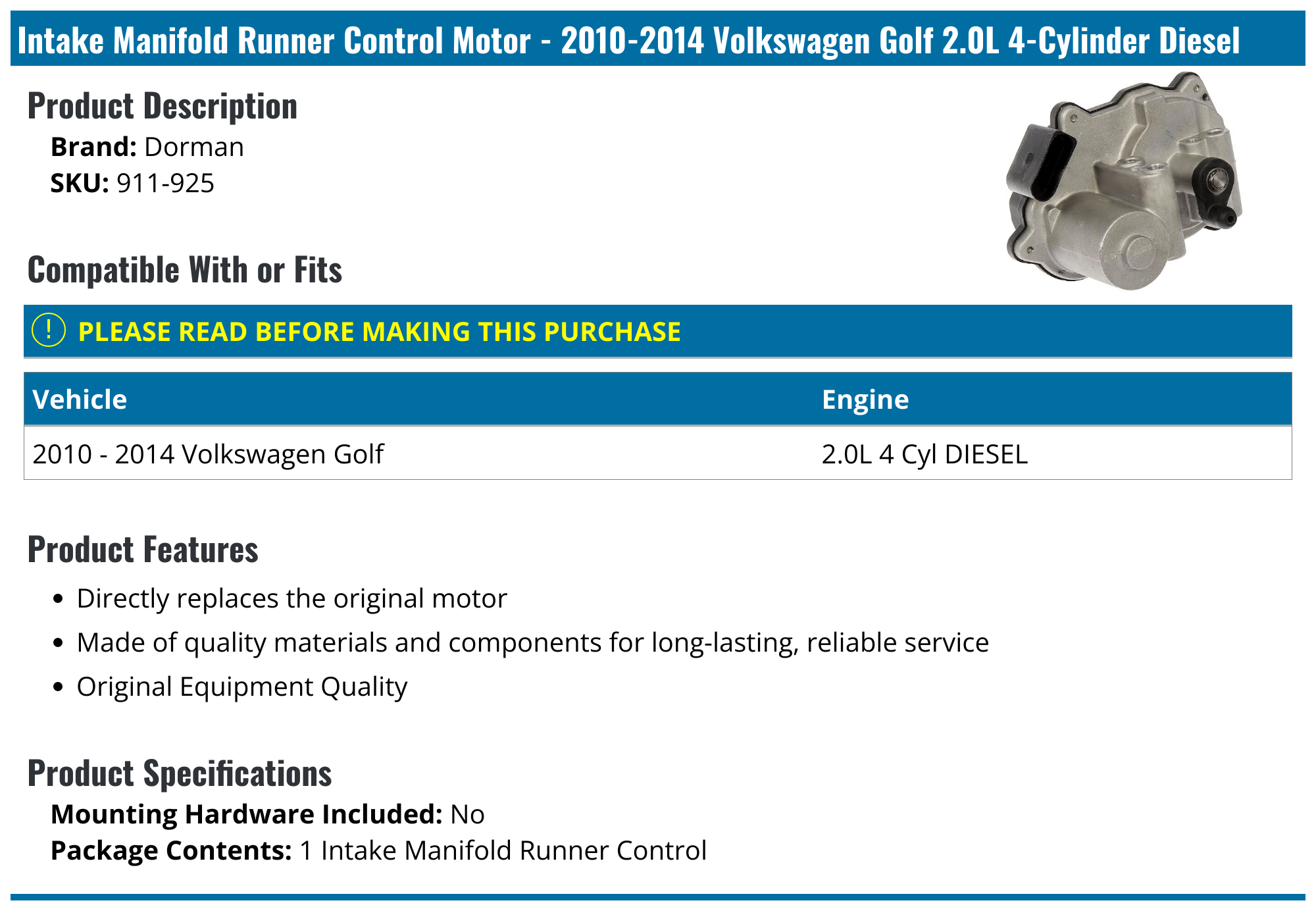 2010-2014 Volkswagen Golf Intake Manifold Actuator - Dorman 911-925 ...