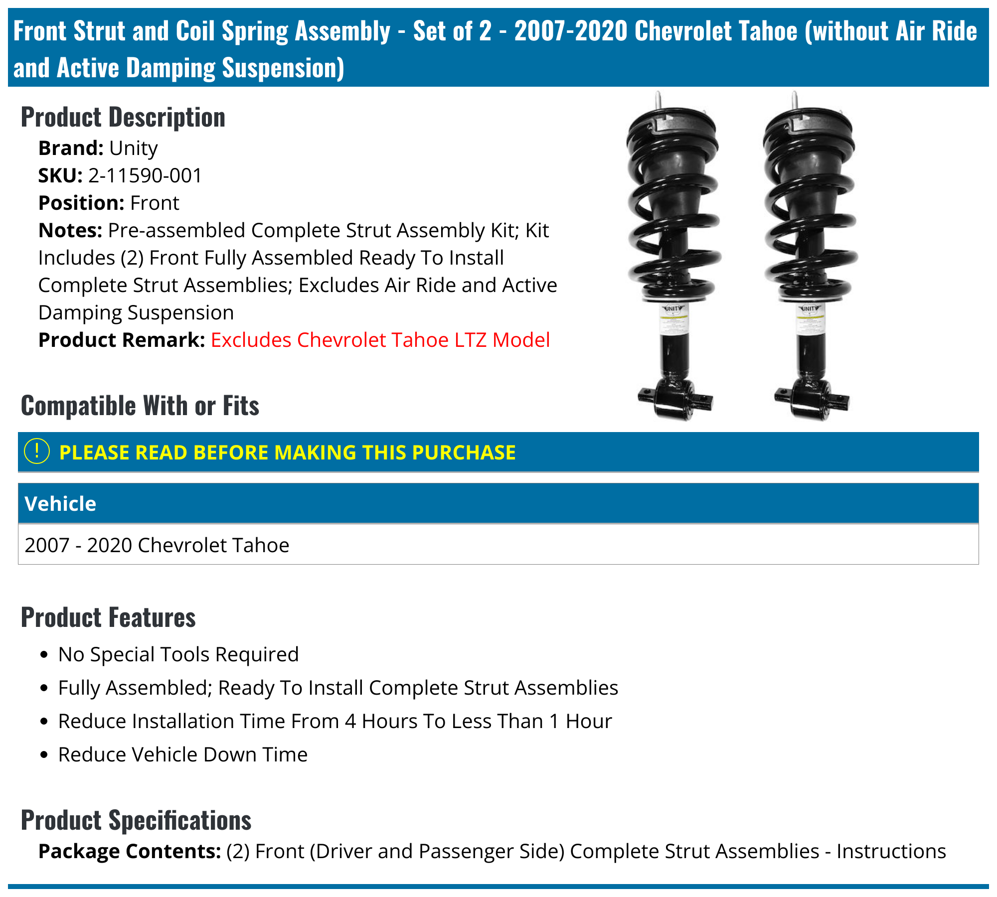2007-2020 Chevrolet Tahoe Strut Assembly - Unity 2-11590-001 - Front ...