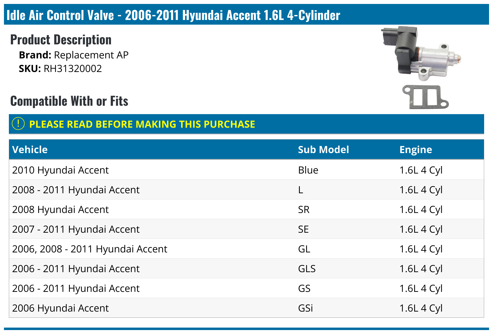 2006-2011 Hyundai Accent Idle Control Valve - Replacement AP RH31320002 ...