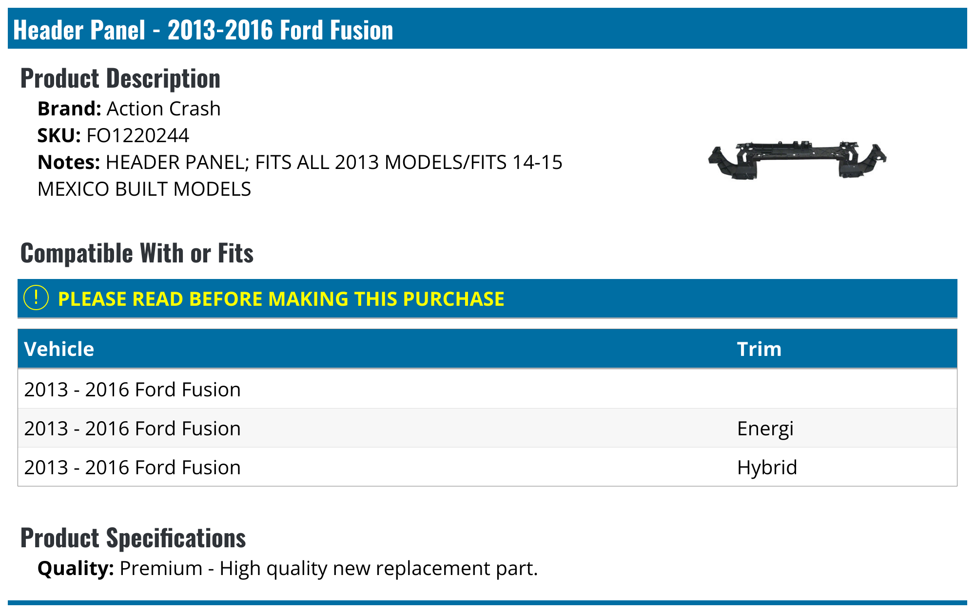 2013-2016 Ford Fusion Header Panel - Action Crash FO1220244 - PartsGeek.com