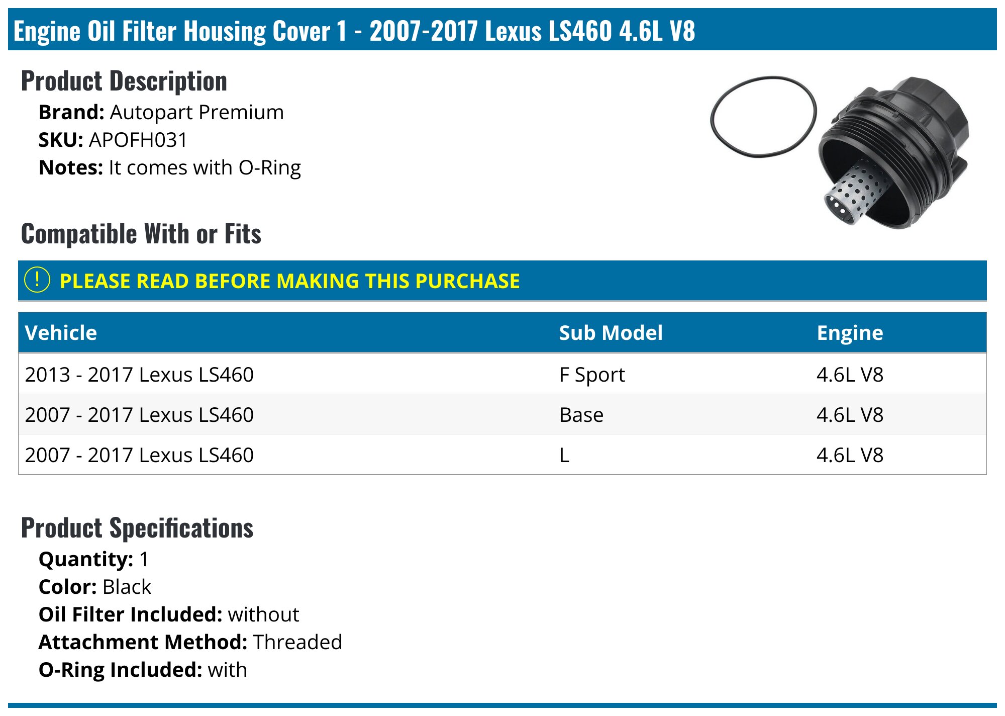 2007-2017 Lexus LS460 Engine Oil Filter Housing Cover - Autopart ...