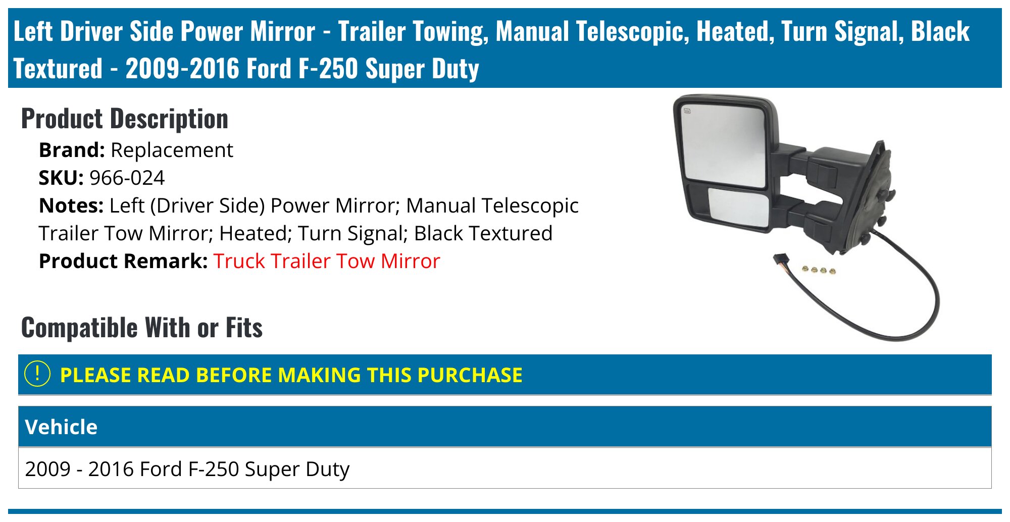 Ford Mirror | F150 F250 Super Duty F350 Ranger - 2015 2016 2014 2011