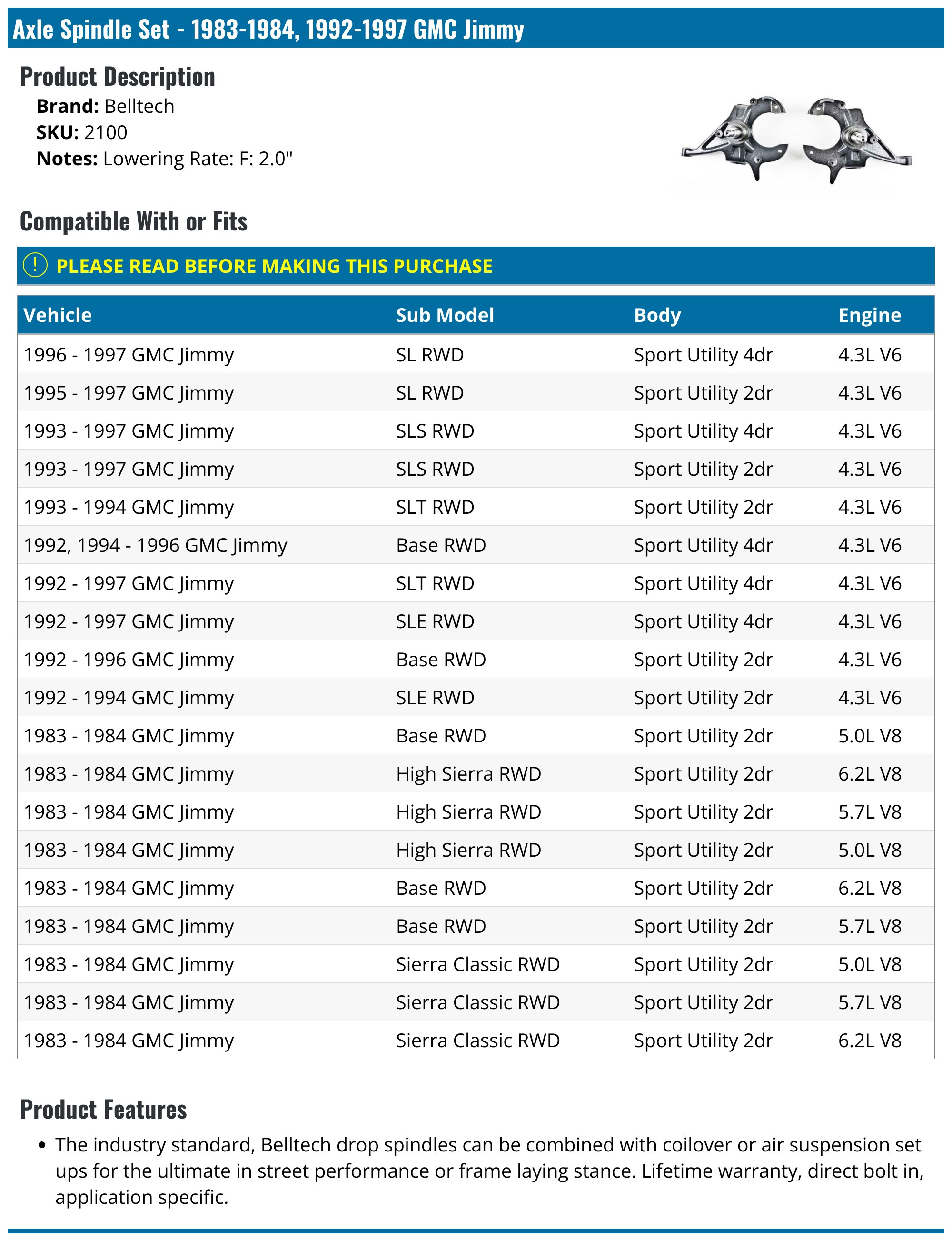 1983-1984, 1992-1997 GMC Jimmy Axle Spindle - Belltech 2100 - PartsGeek.com