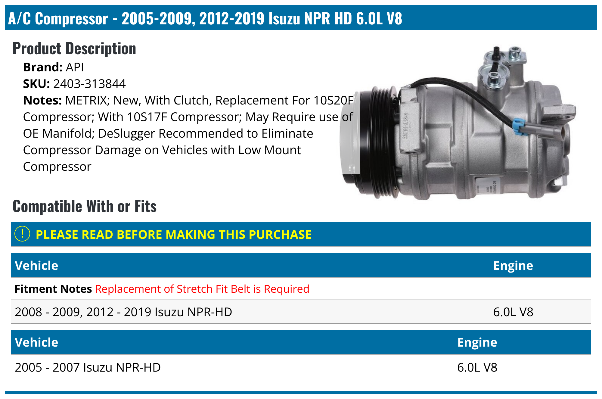 2005-2009, 2012-2019 Isuzu NPR HD A/C Compressor - API 124090-02224875 ...