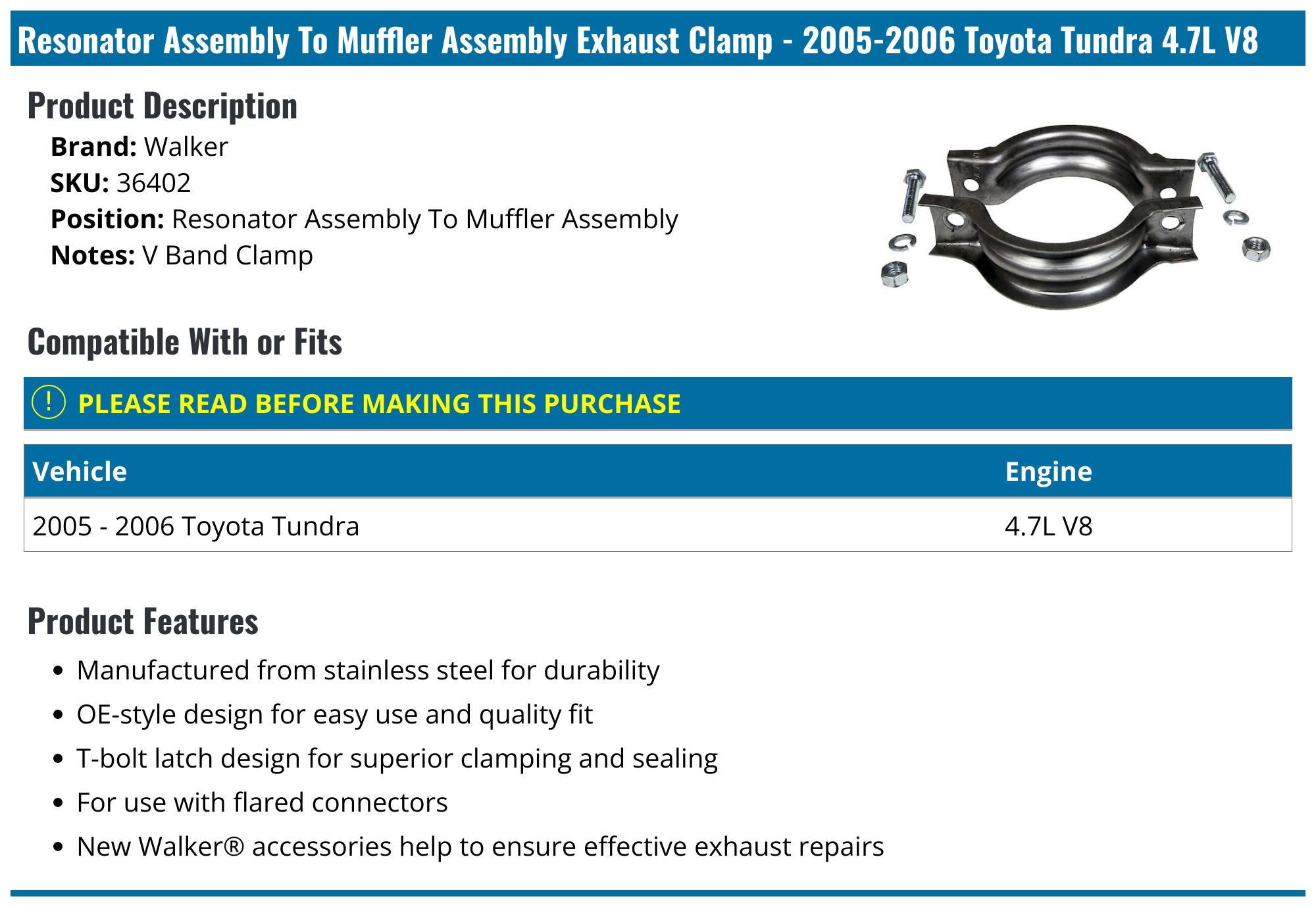 2005-2006 Toyota Tundra Exhaust Clamp - Walker 36402 - Resonator ...