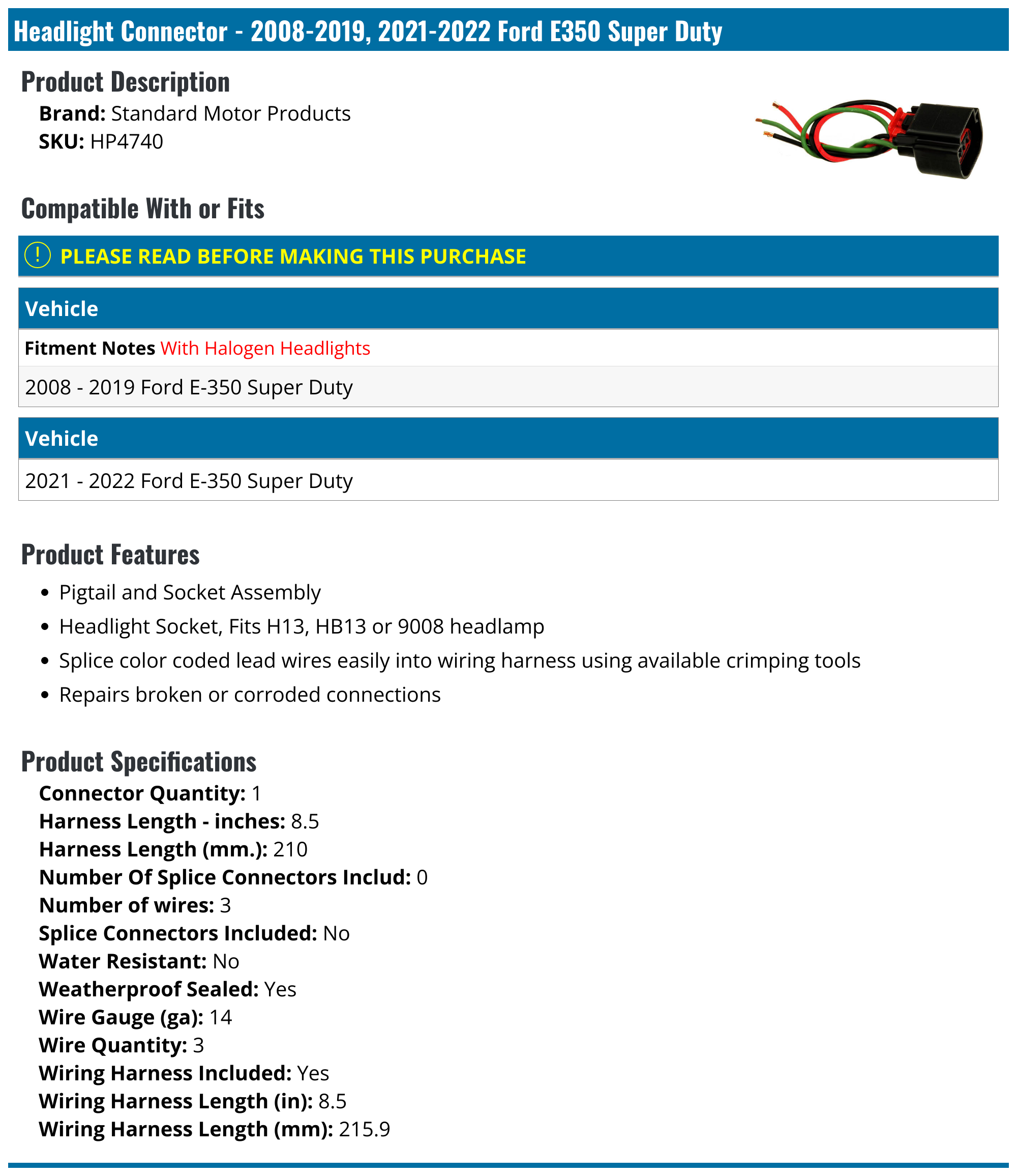 2008-2019, 2021-2022 Ford E350 Super Duty Headlight Connector ...