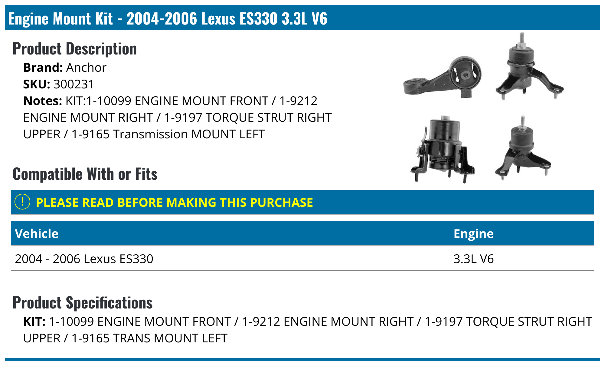 2004-2006 Lexus ES330 Engine Mount - Anchor 300231 - PartsGeek.com