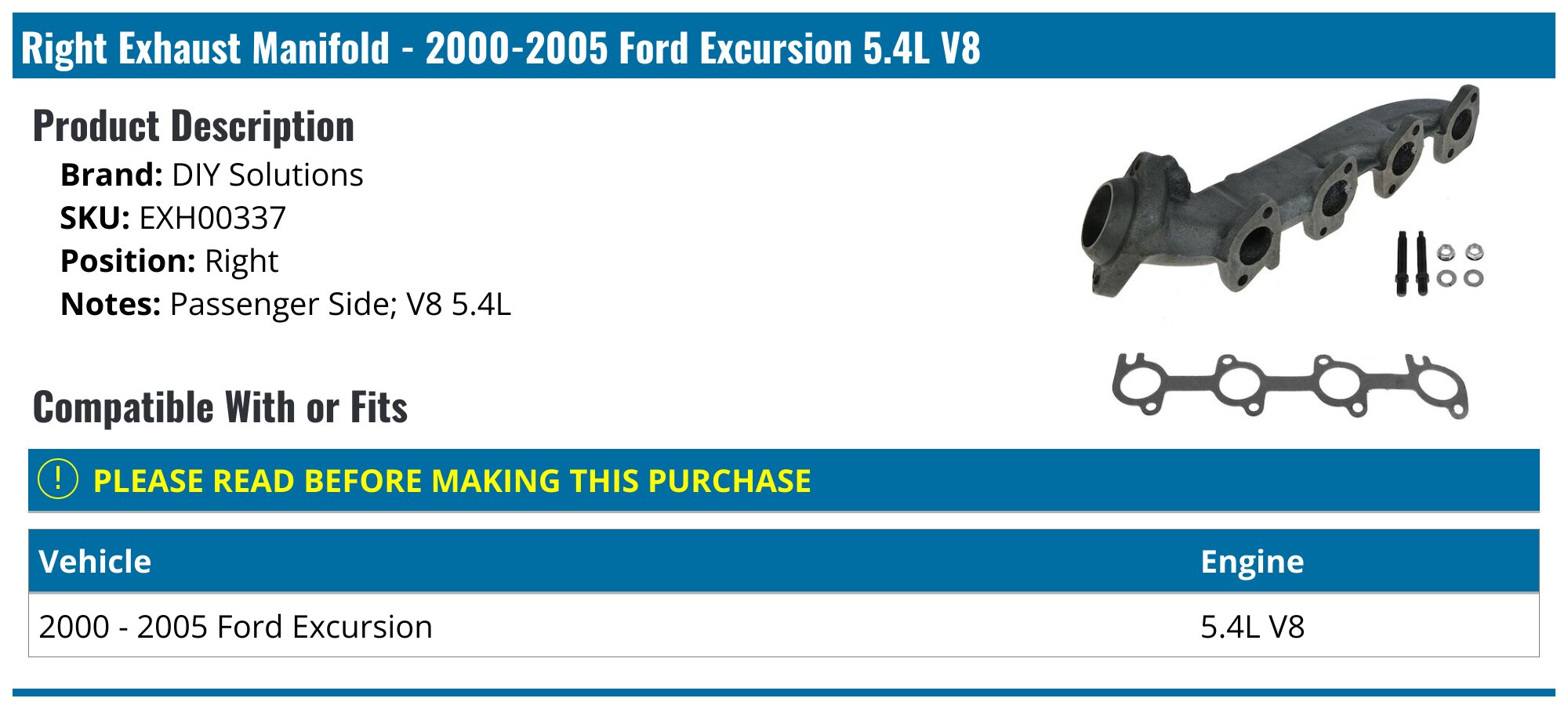 2000-2005 Ford Excursion Exhaust Manifold - DIY Solutions EXH00337 ...
