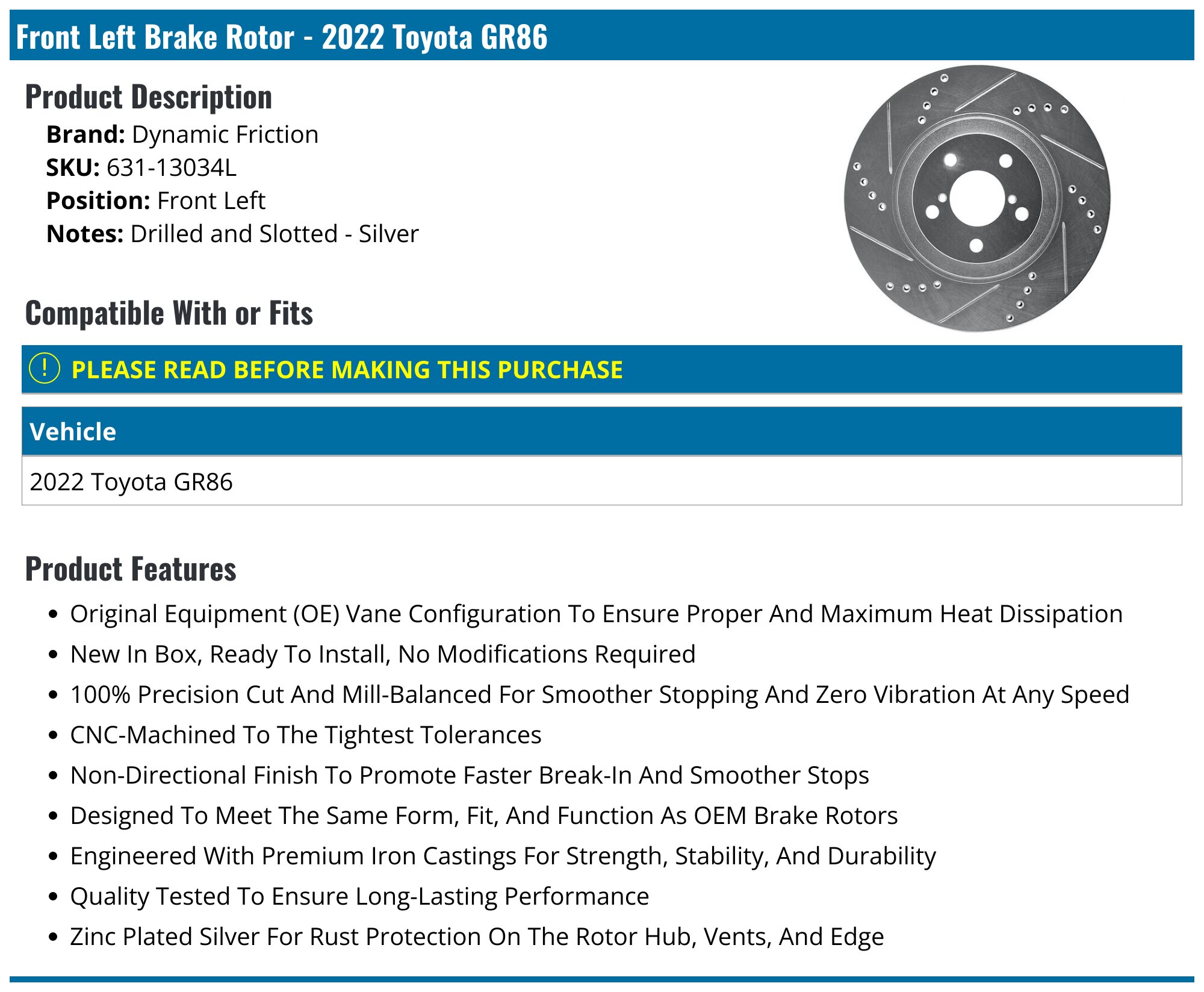 2022-2025 Toyota GR86 Brake Rotor - Dynamic Friction 631-13034L - Front ...