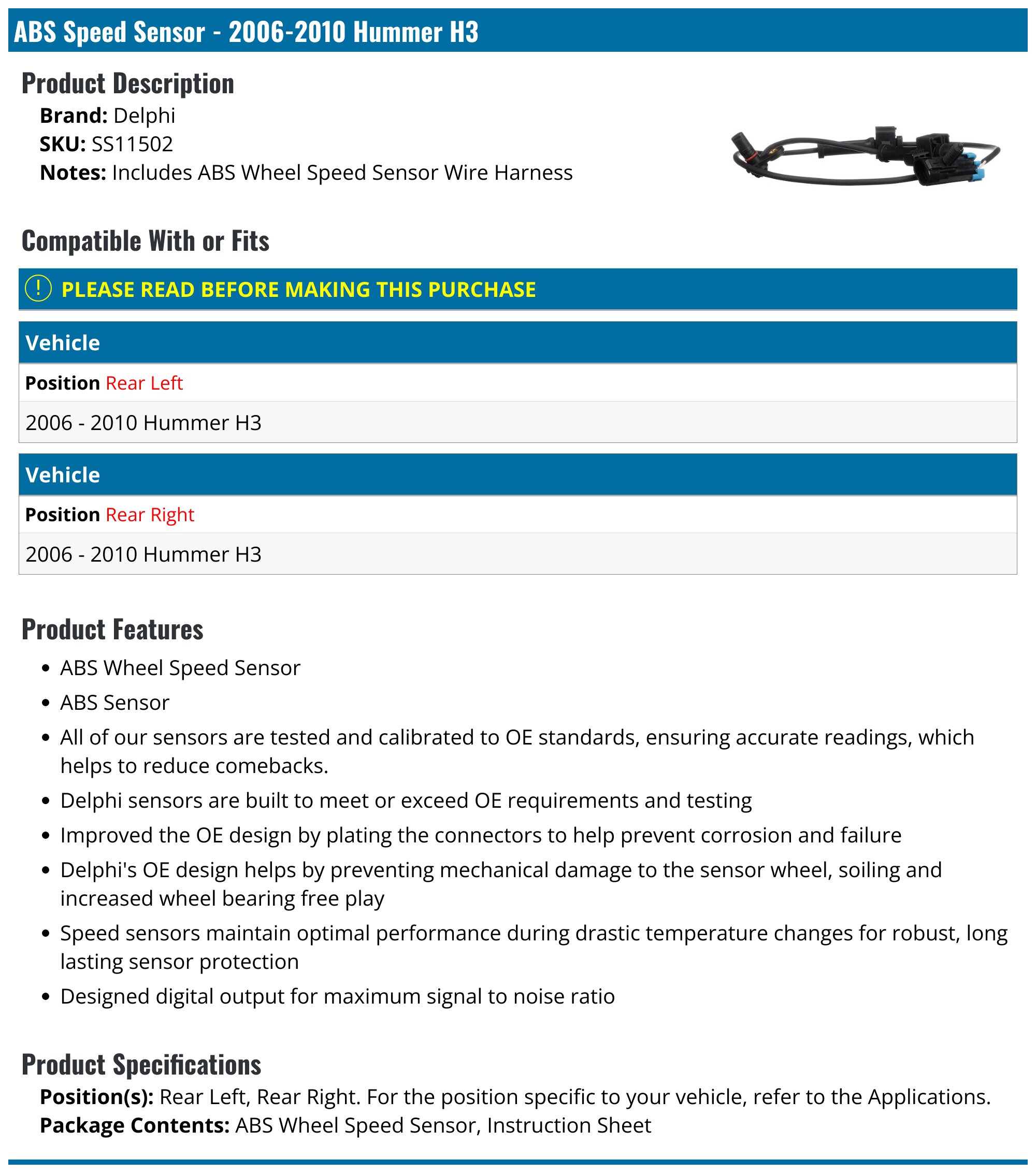 2006-2010 Hummer H3 ABS Speed Sensor - Delphi SS11502 - Rear Right ...