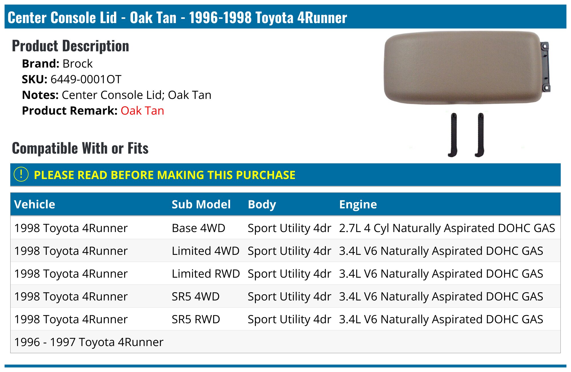1996-1998 Toyota 4Runner Console Lid - Brock 6449-0001OT - PartsGeek.com
