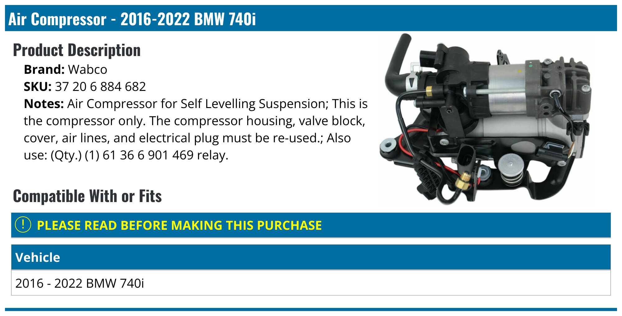 2016-2022 BMW 740i Suspension Compressor - Wabco 37 20 6 884 682 ...