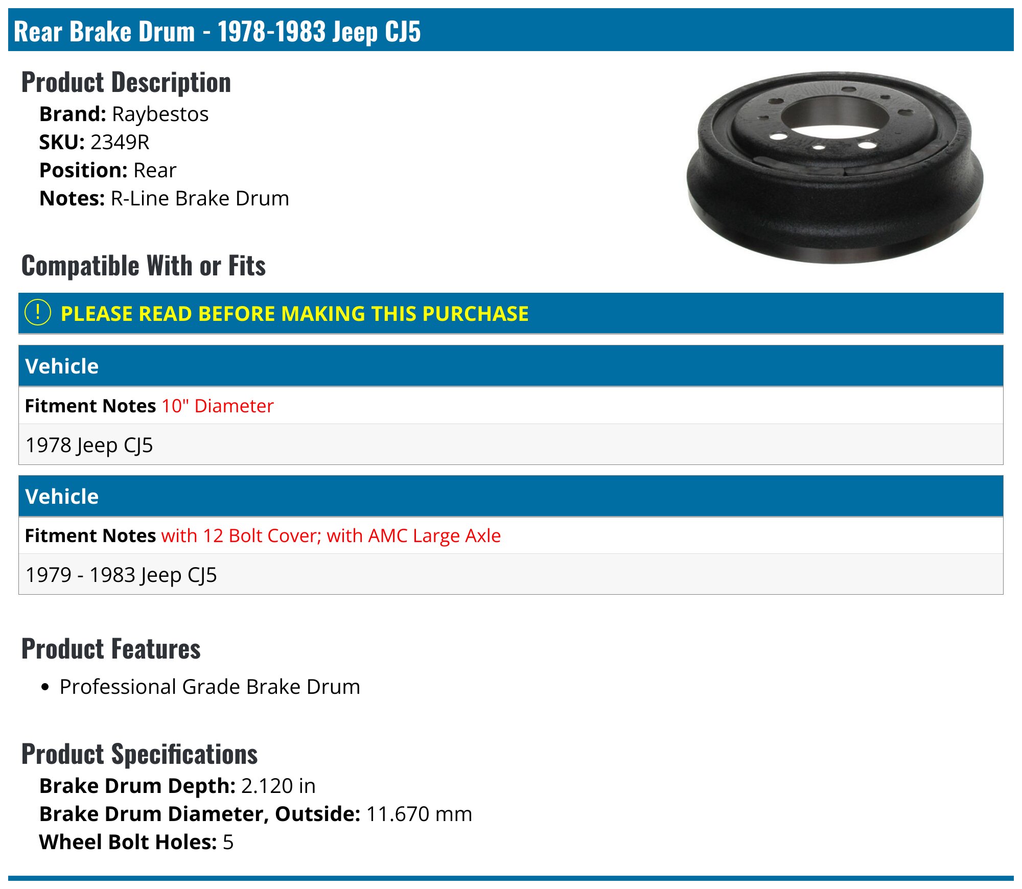 1978-1983 Jeep CJ5 Brake Drum - Raybestos 2349R - Rear - PartsGeek.com