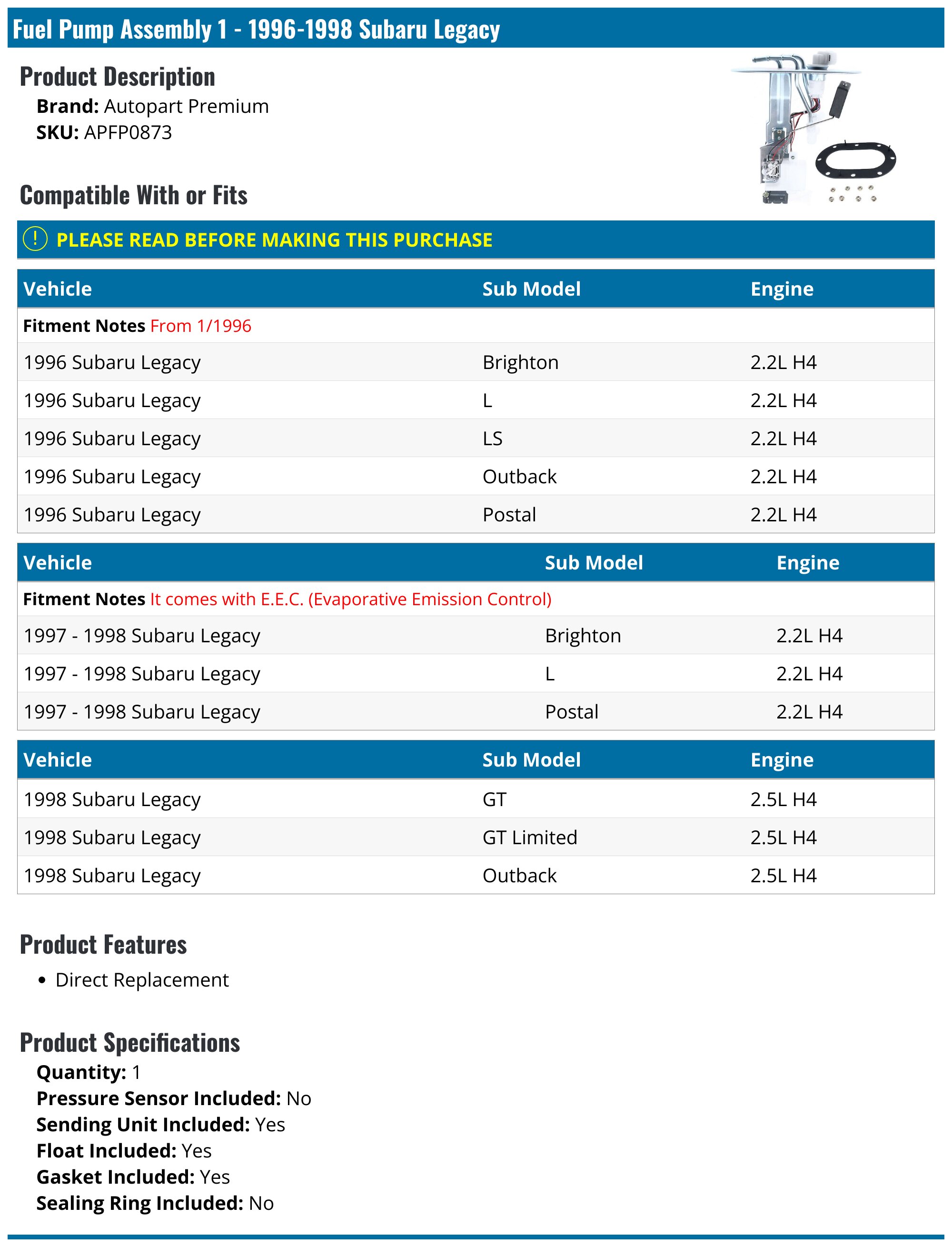 1996-1998 Subaru Legacy Fuel Pump - Autopart Premium APFP0873 ...
