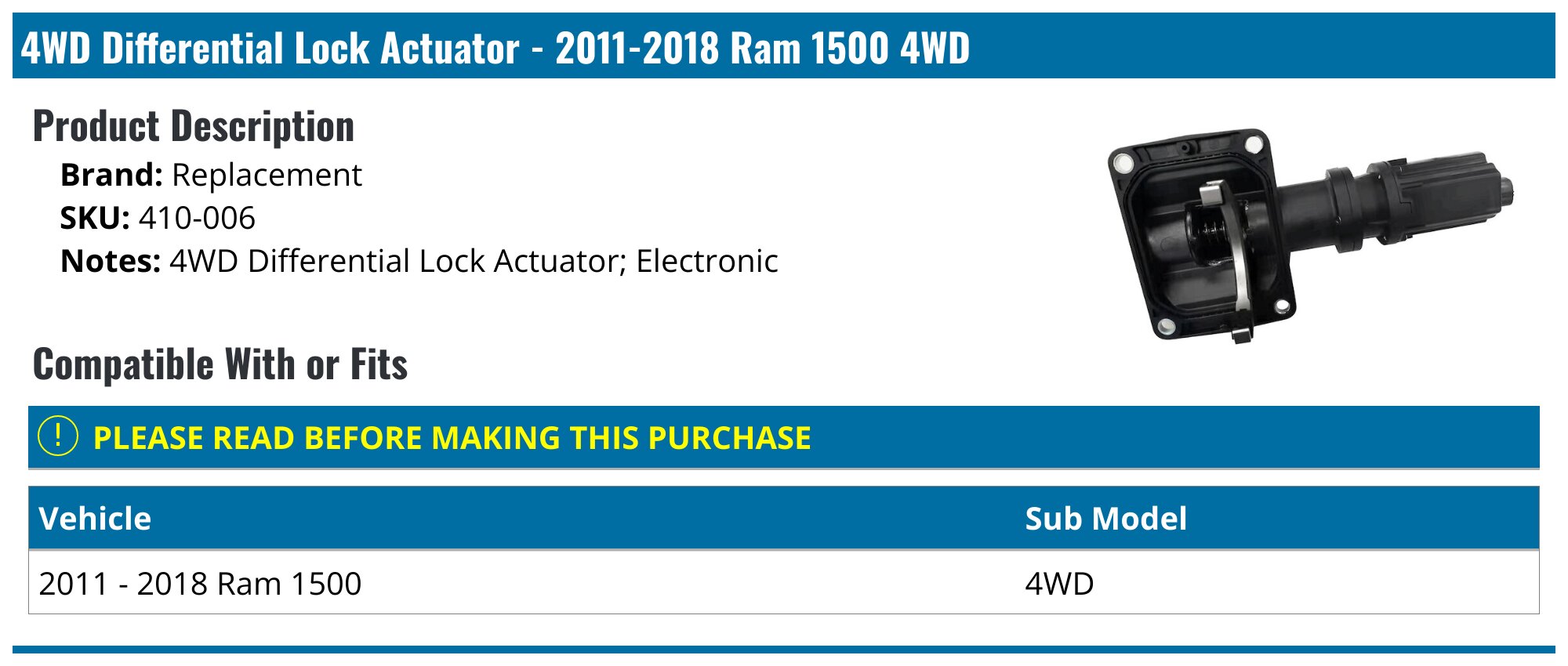 2011-2021 Ram 1500 Differential Shift Actuator - Replacement 410-006 ...
