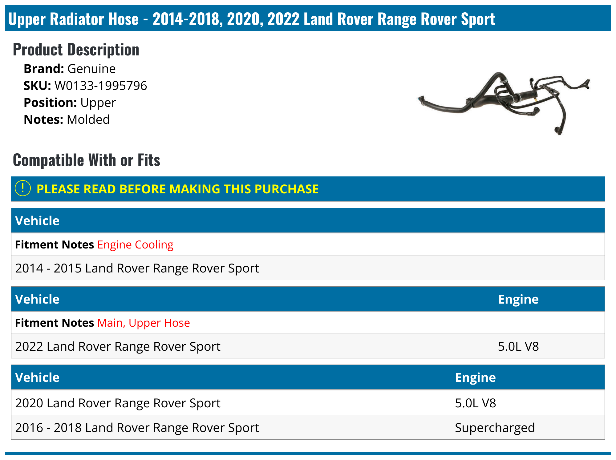 2014-2018 Land Rover Range Rover Sport Radiator Hose - Genuine W0133 ...