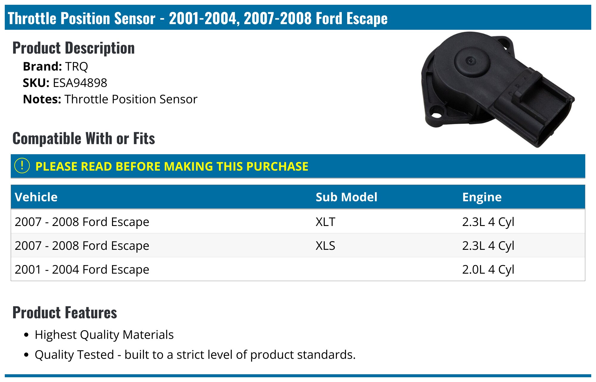 2001-2004, 2007-2008 Ford Escape Throttle Position Sensor - TRQ ...