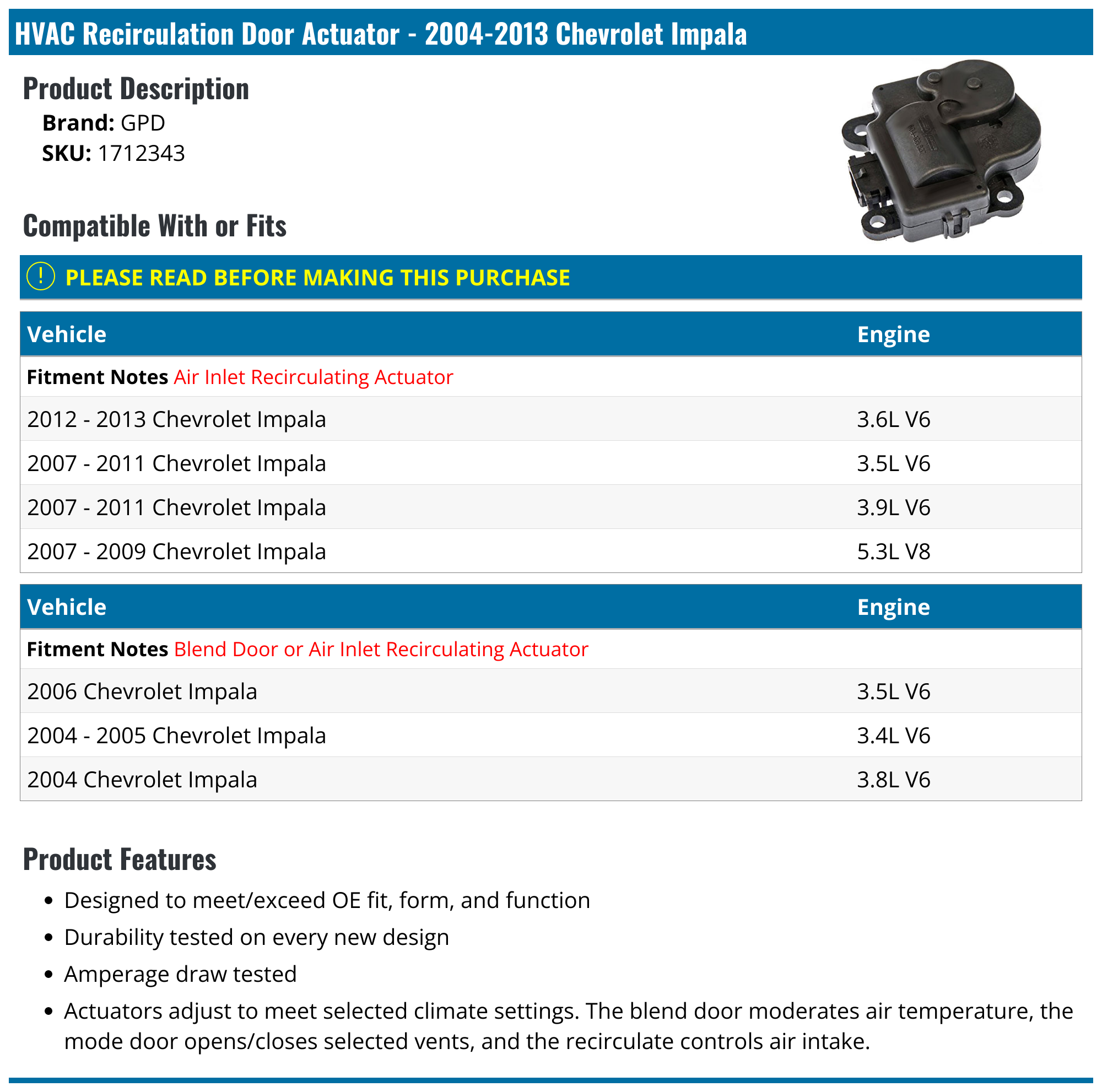 2004-2013 Chevrolet Impala HVAC Recirculation Door Actuator - GPD ...