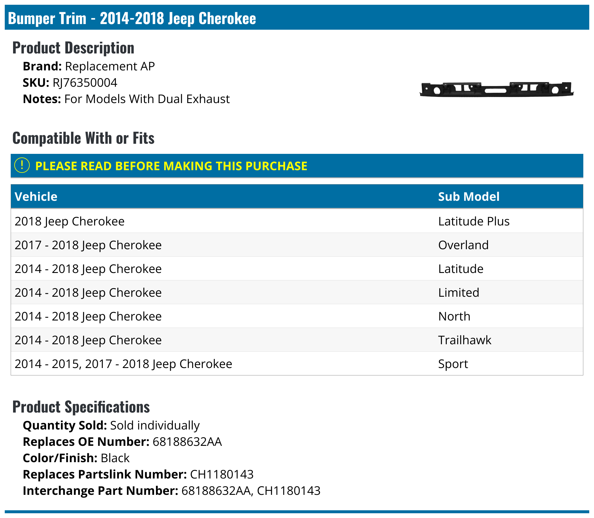 2014-2018 Jeep Cherokee Bumper Trim - Replacement AP RJ76350004 ...