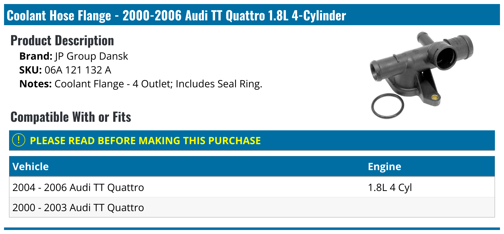 2000-2006 Audi TT Quattro Coolant Hose Flange - JP Group Dansk 06A 121 ...