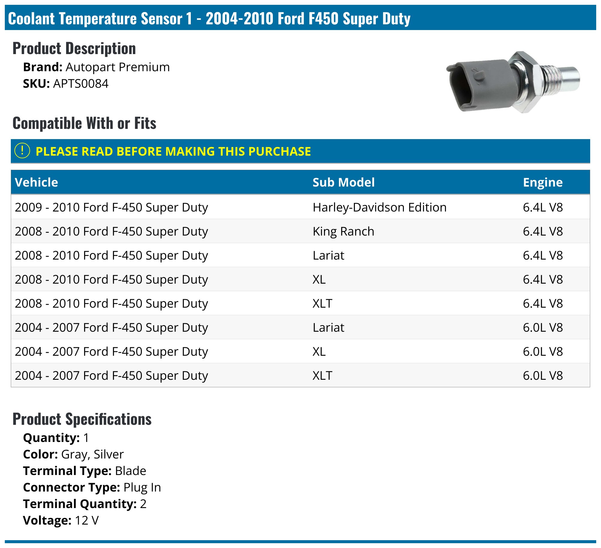 2004-2010 Ford F450 Super Duty Engine Coolant Temperature Sensor ...